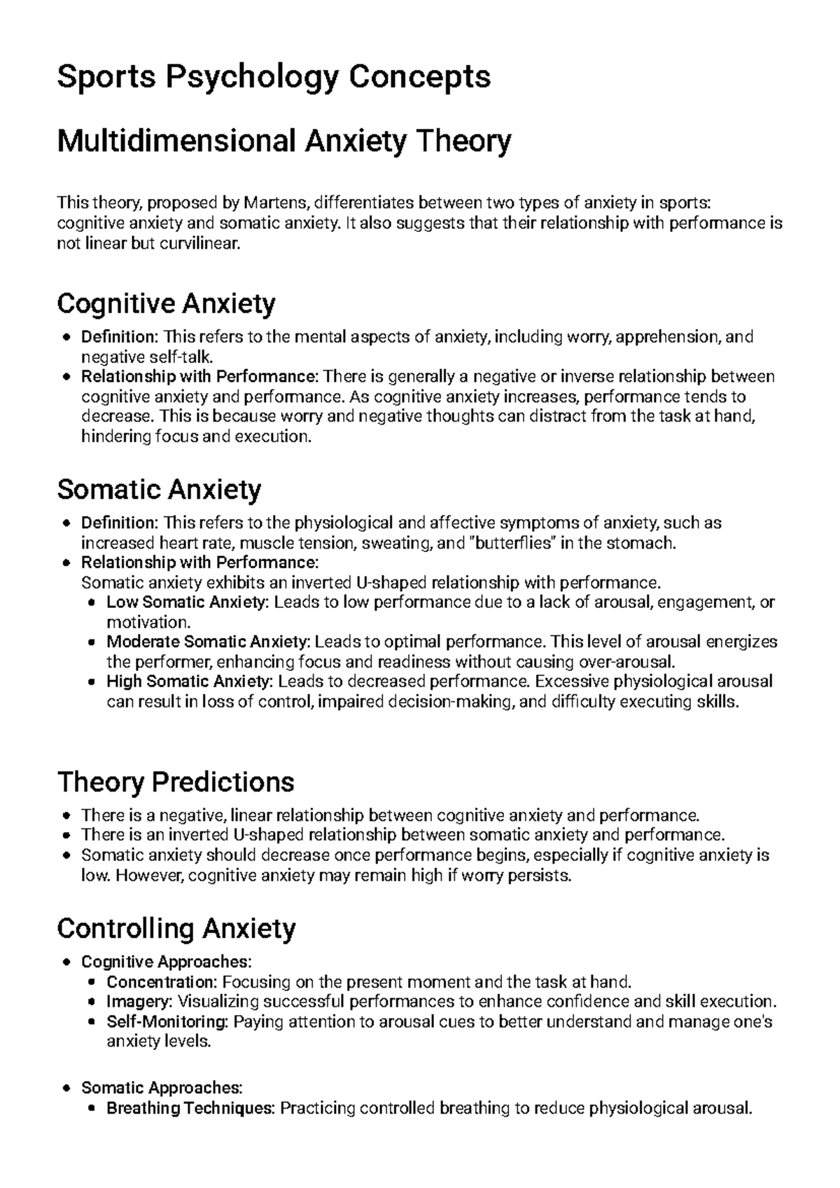Sport Psychology Concepts: Multidimensional Anxiety Theory Study Guide ...