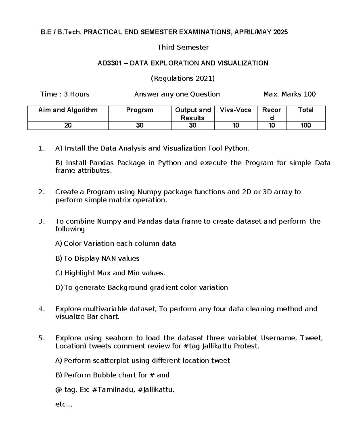 AD3301 DATA EXPLORATION & VISUALIZATION - SEMESTER END EXAM 2025 - Studocu