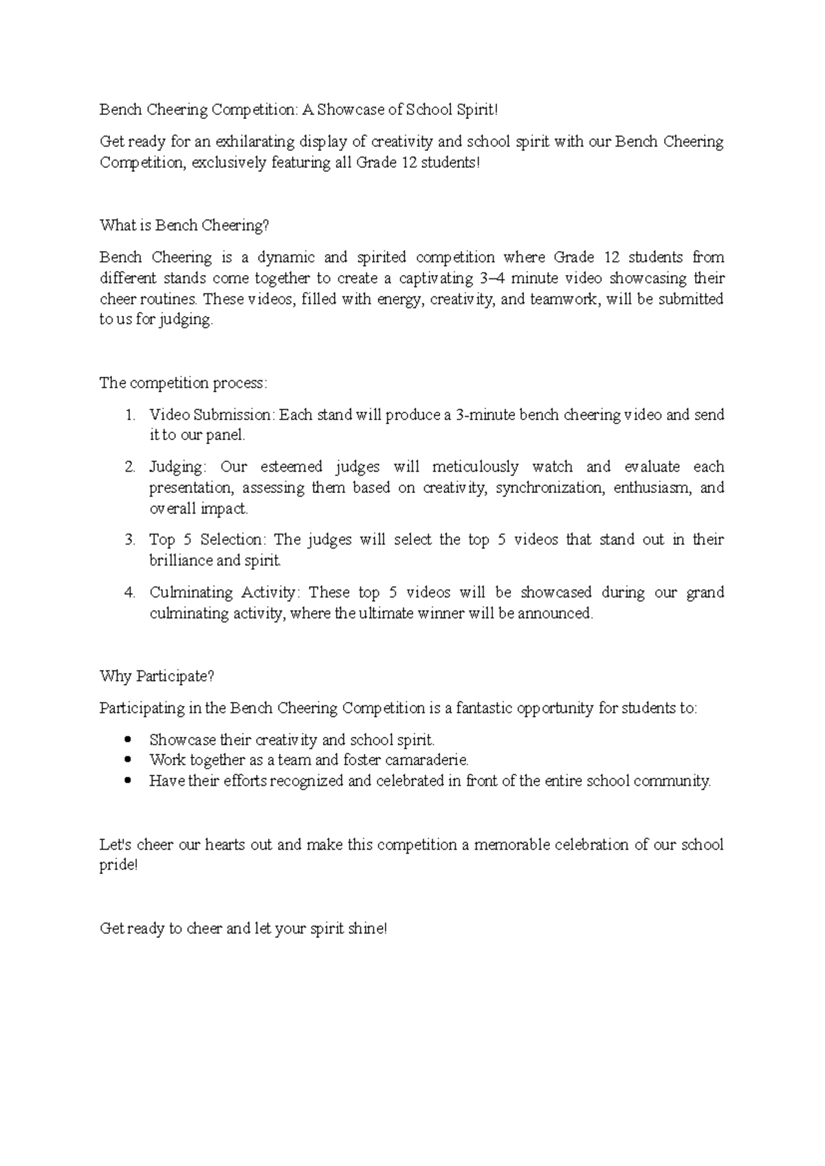 Grade 12 Bench Cheering Competition Rubric for Spirit Showcase - Studocu