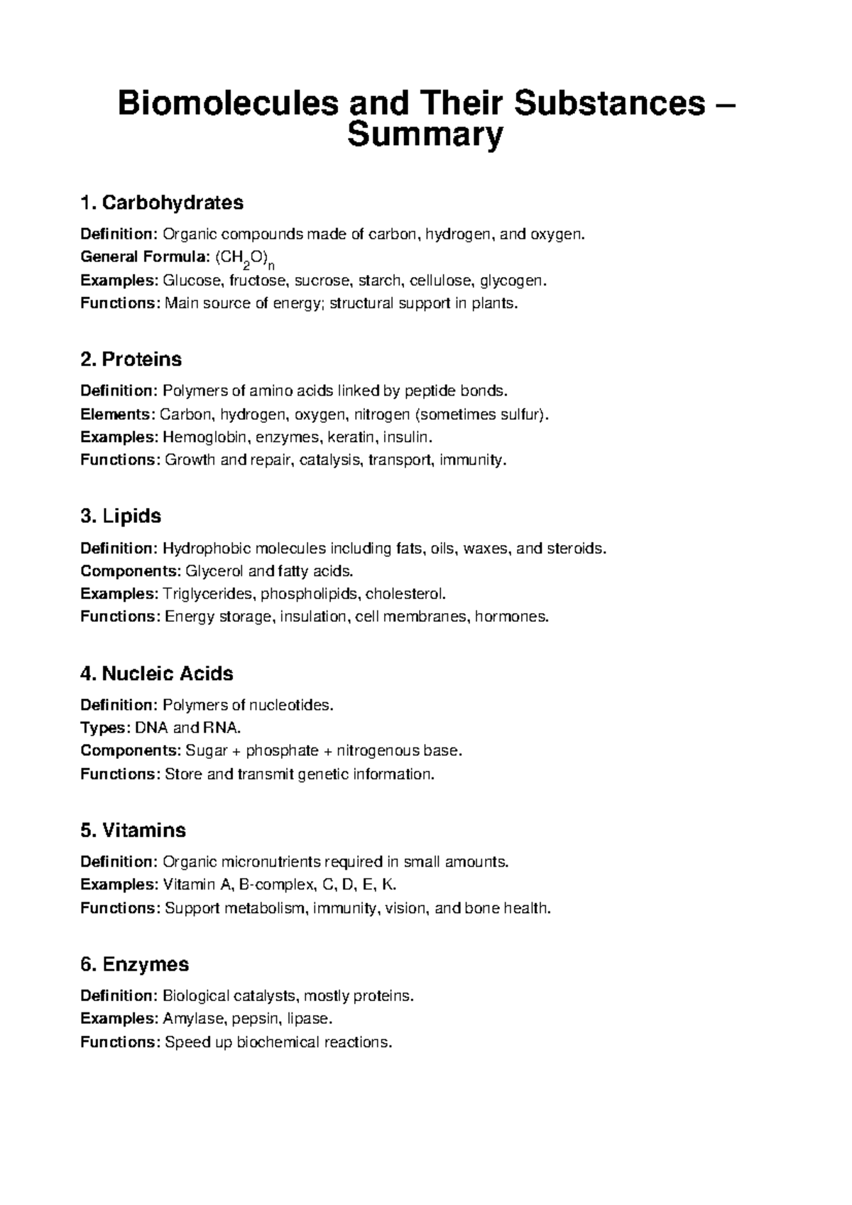 Biomolecules Summary: Carbs, Proteins, Lipids, Nucleic Acids, Vitamins ...