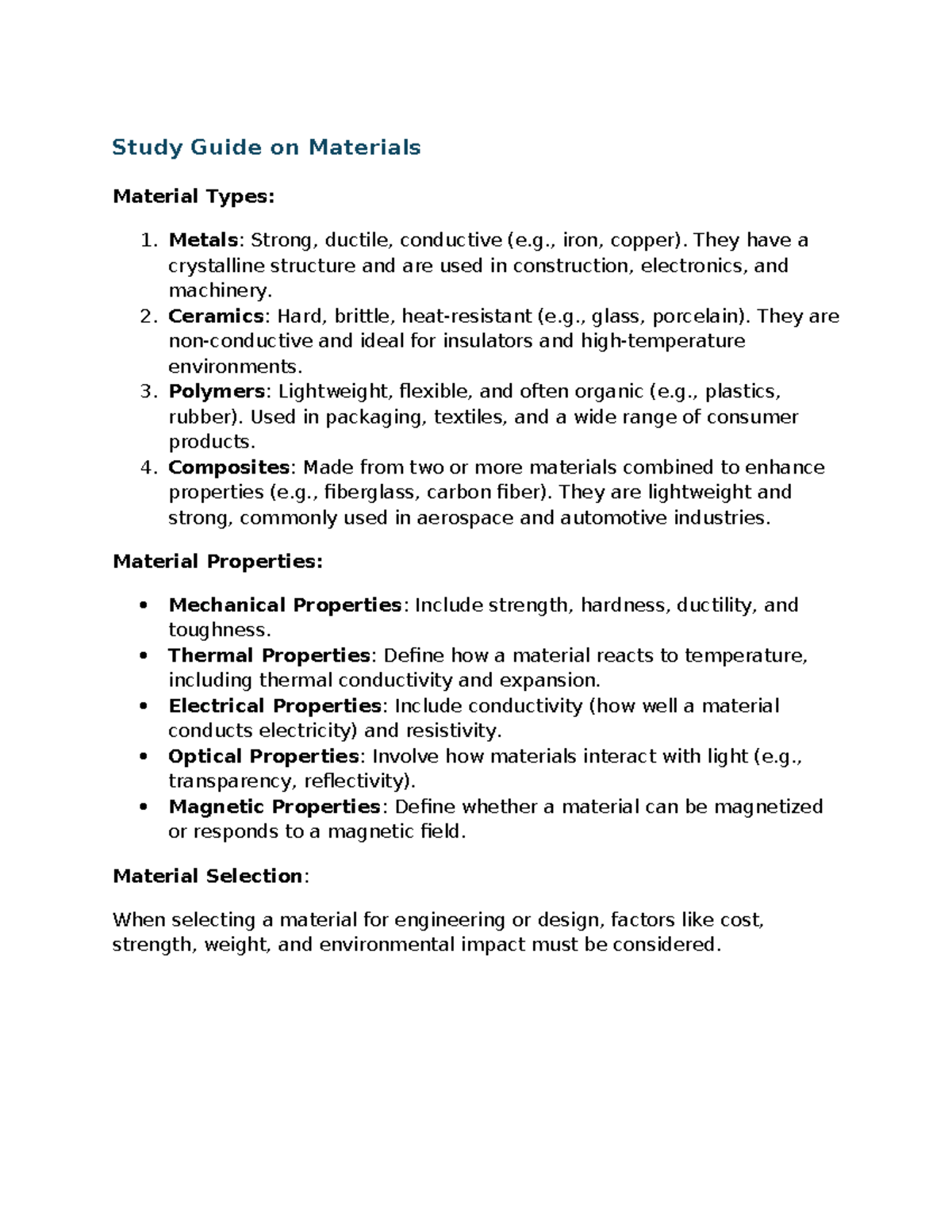 CH 9 - Study Guide on Material Types and Properties - Studocu