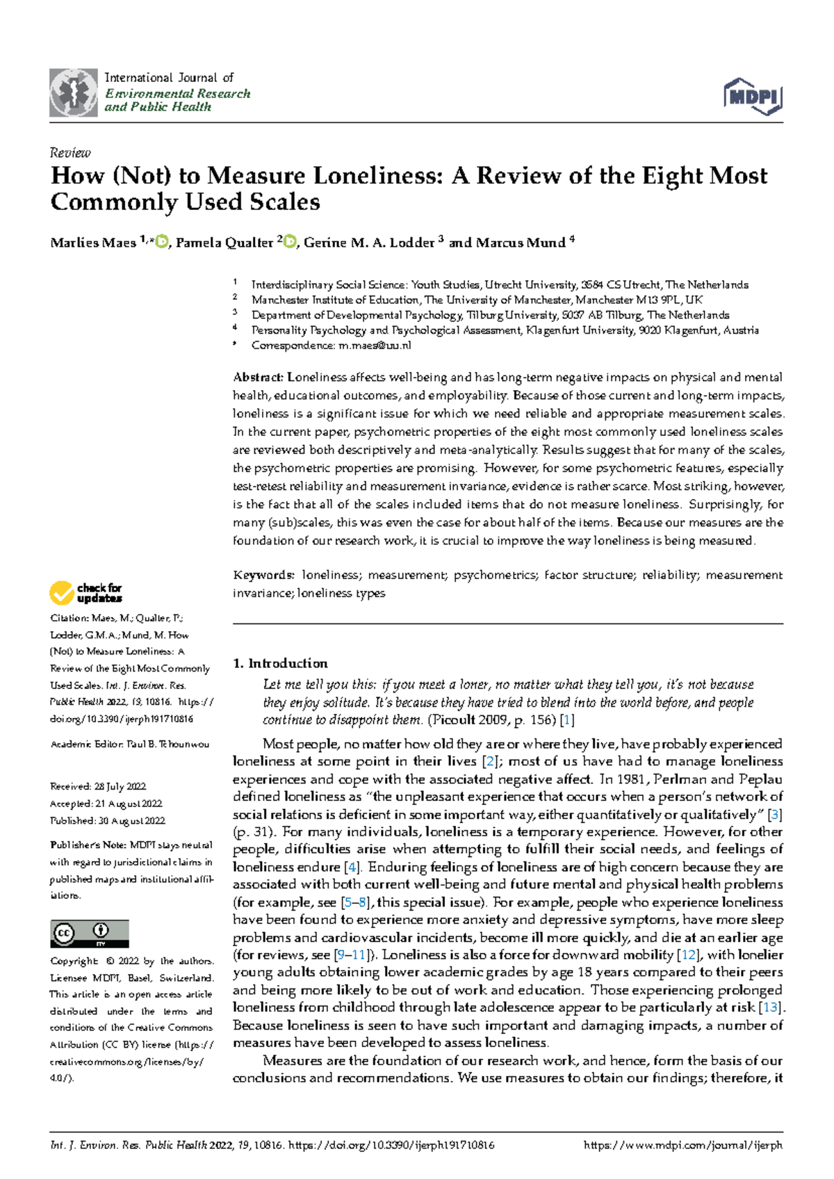 Review of Common Loneliness Scales: Insights from Ijerph-19-10816 - Studocu