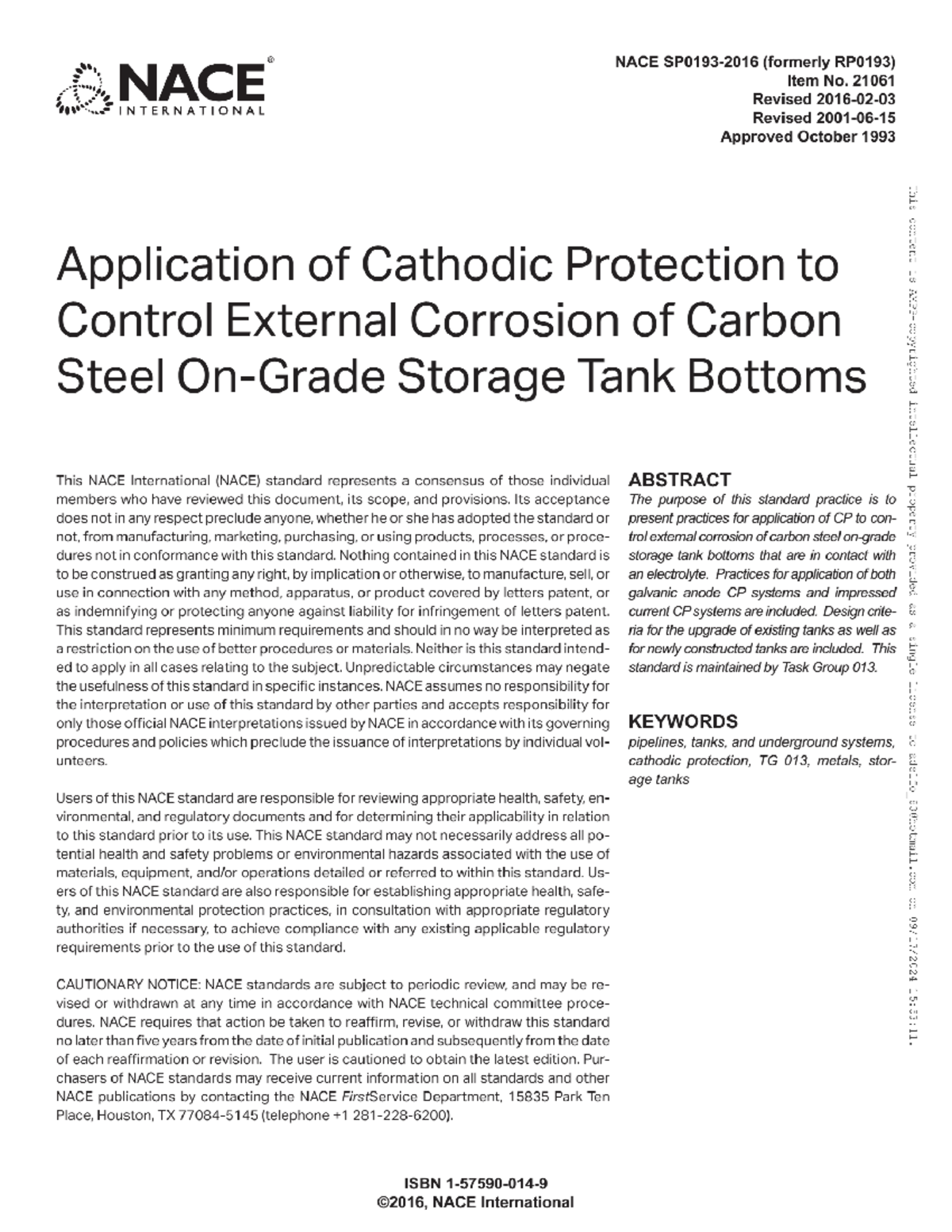 NACE SP0193-2016 - Standards for Cathodic Protection of Steel Tanks ...