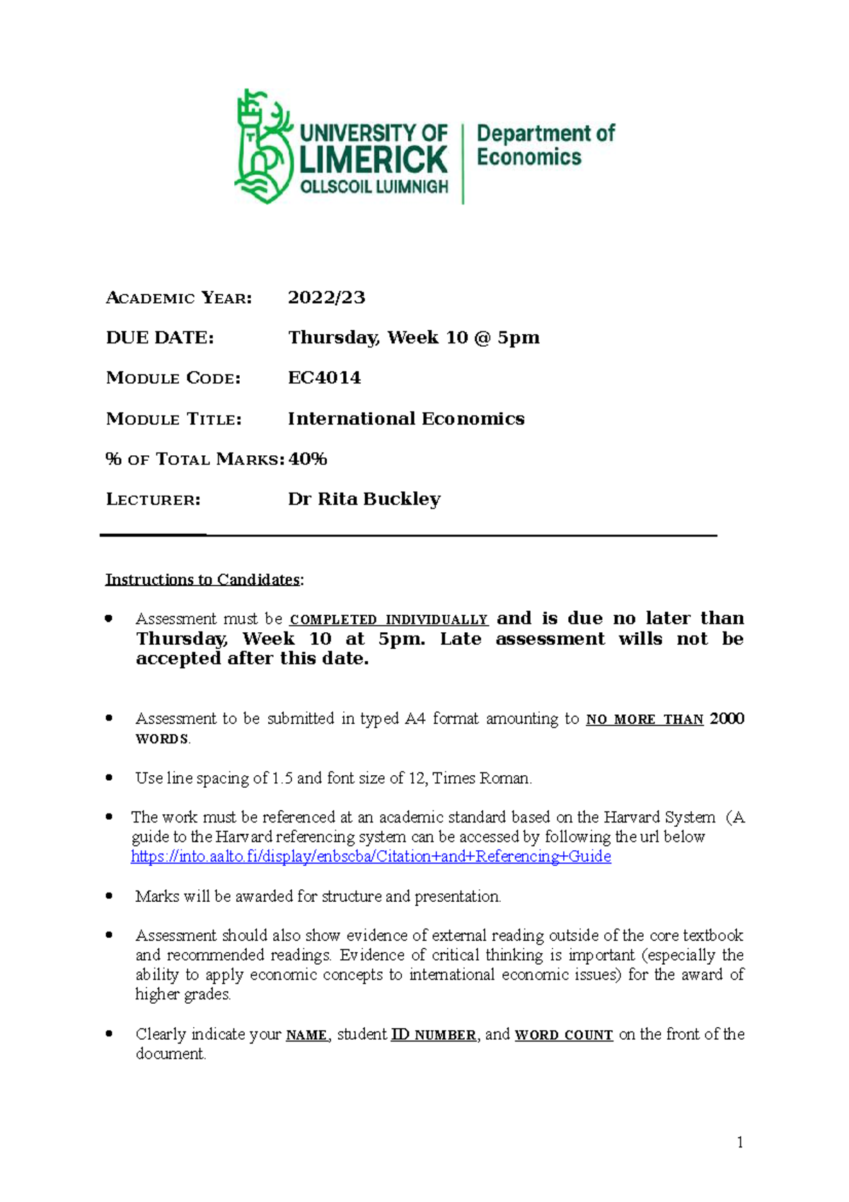 EC4014 Continuous Assessment 2022-23 - ACADEMIC YEAR: 2022/ DUE DATE: Thursday, Week 10 @ 5pm ...