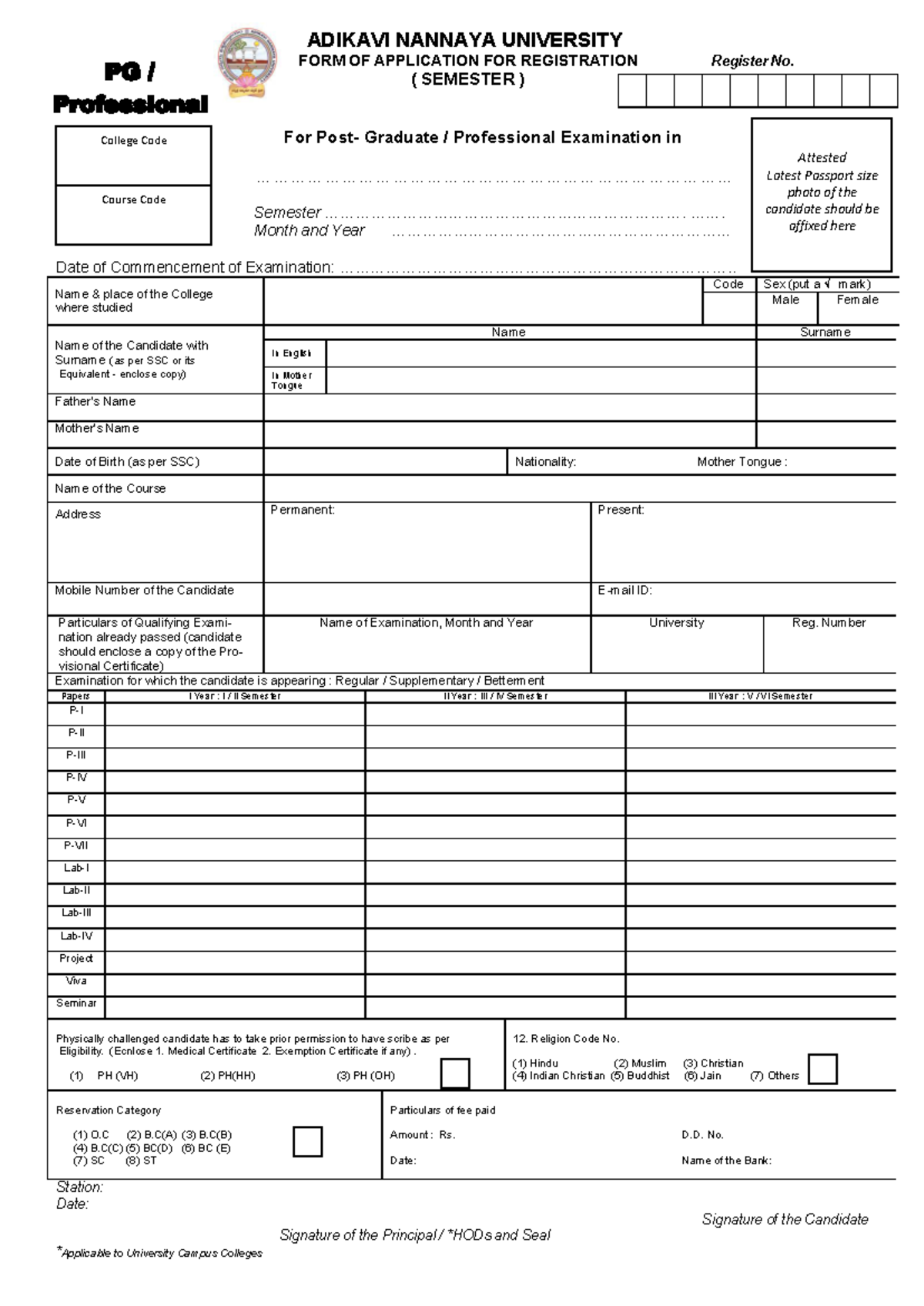 PG Examination Registration Form for Adikavi Nannaya University - Studocu
