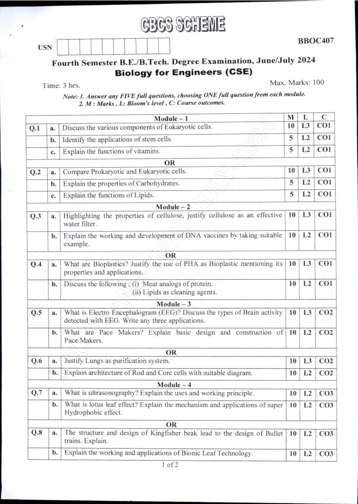 BBOC407 Final Exam Question Bank: Biology for Engineers Insights - Studocu
