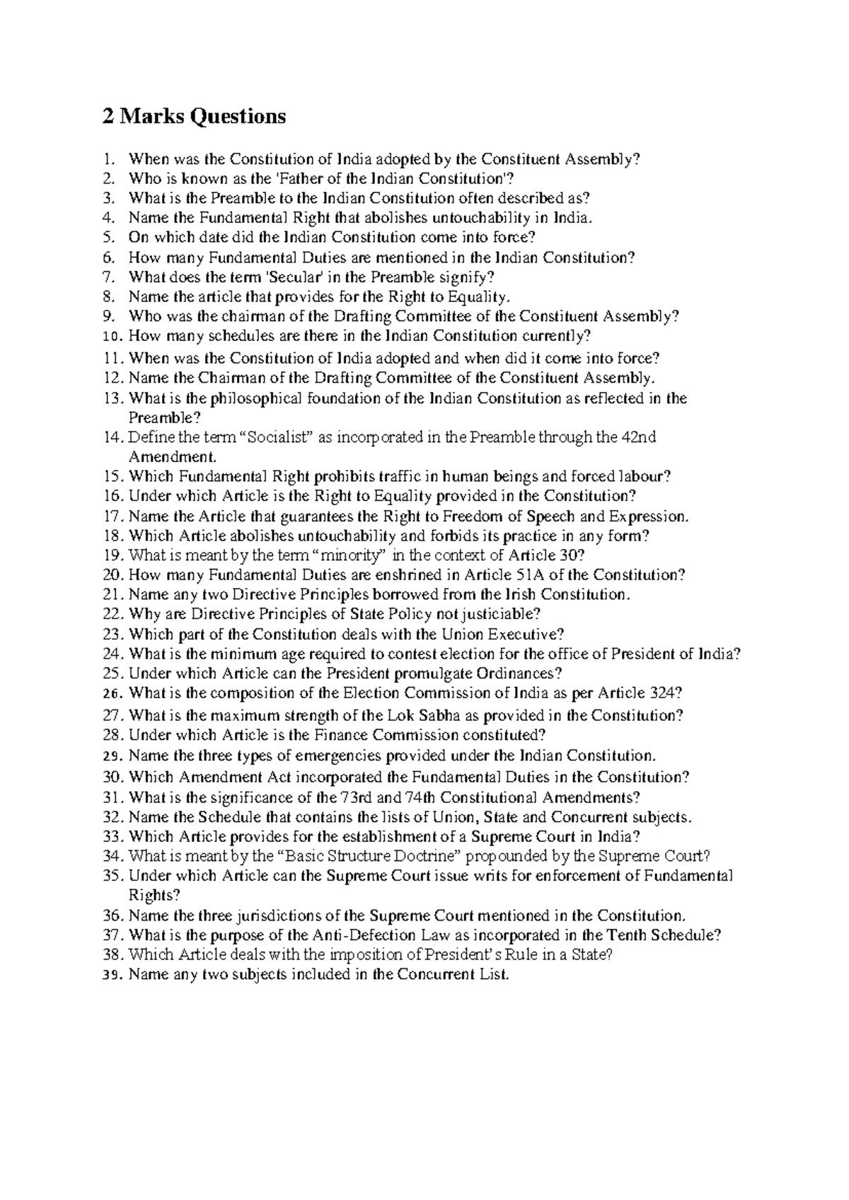 Questions Bank - VJJ: 2 & 4 Marks on Indian Constitution - Studocu
