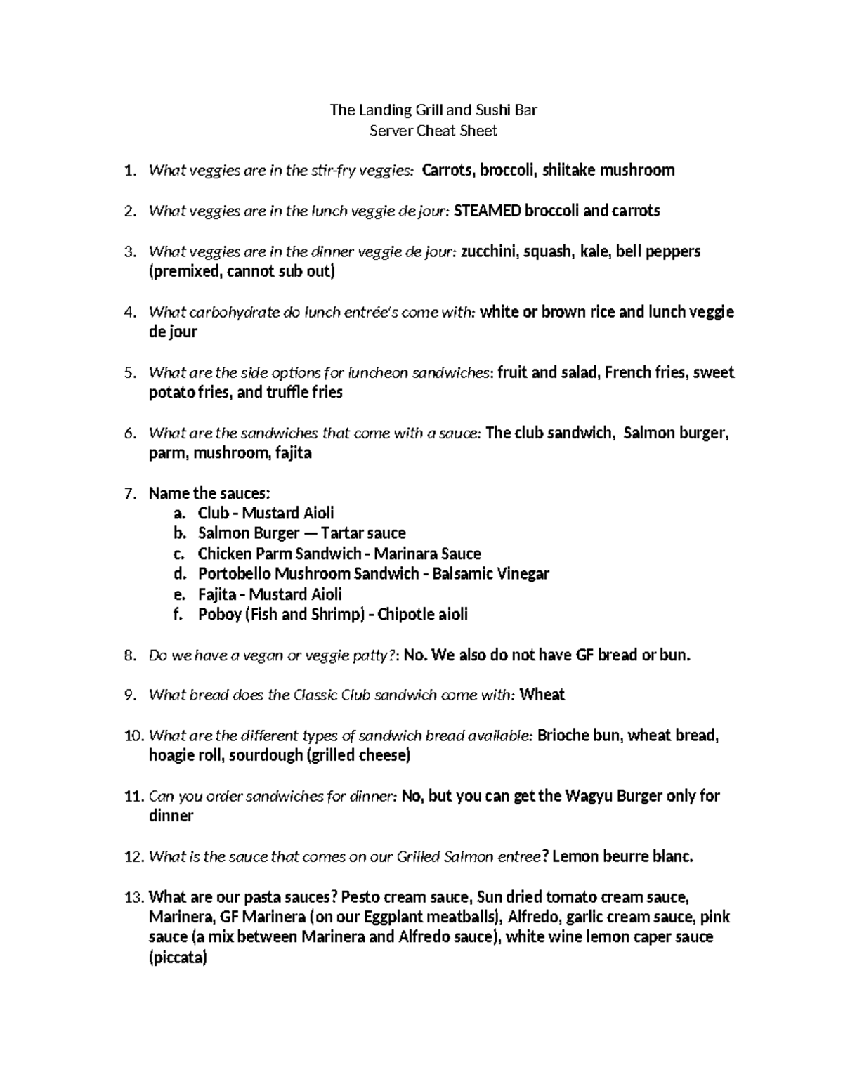 The Landing Grill & Sushi Bar: Server Cheat Sheet & Menu Guide - Studocu