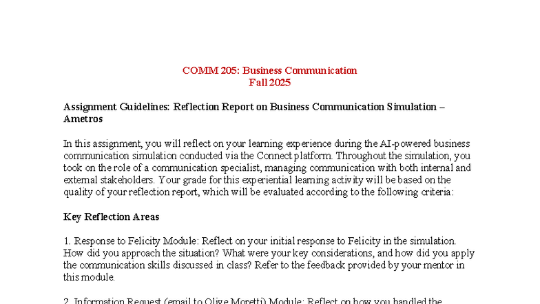 COMM 205: Reflection Report on Business Comm Simulation (F2025) - Studocu
