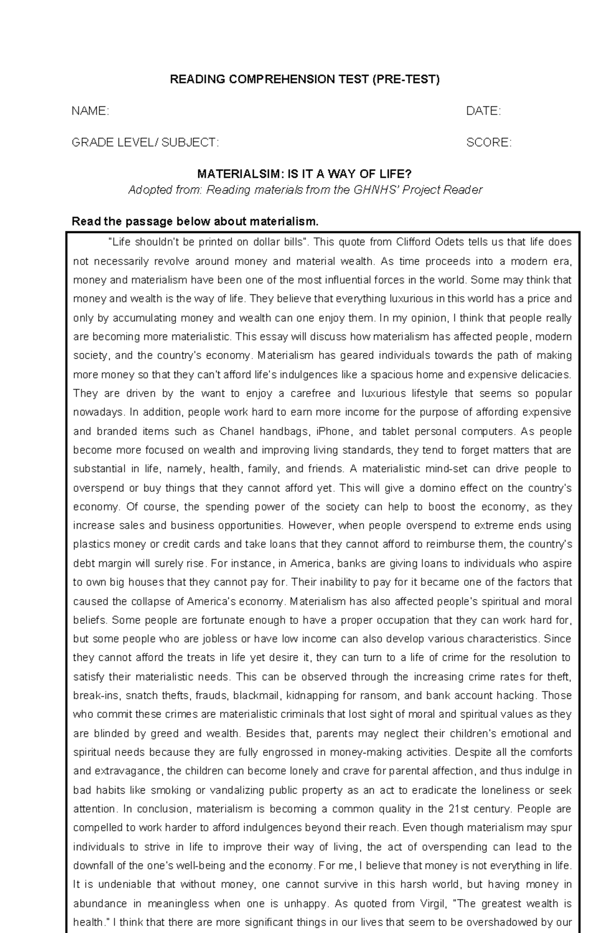 Reading Comprehension TEST (PRE&POST- Tests) - READING COMPREHENSION ...