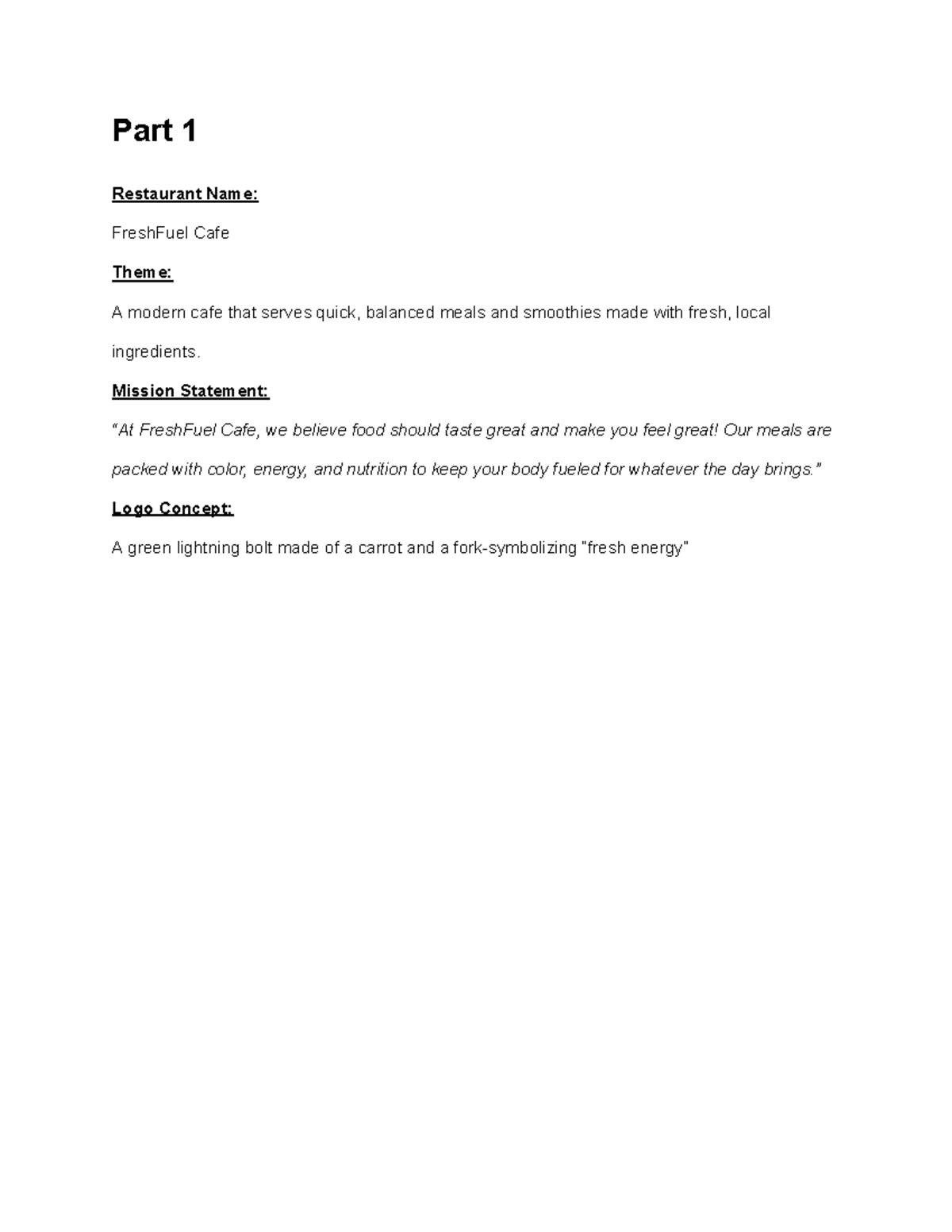 Example Restaurant Outline: FreshFuel Cafe Concept & Menu - Studocu