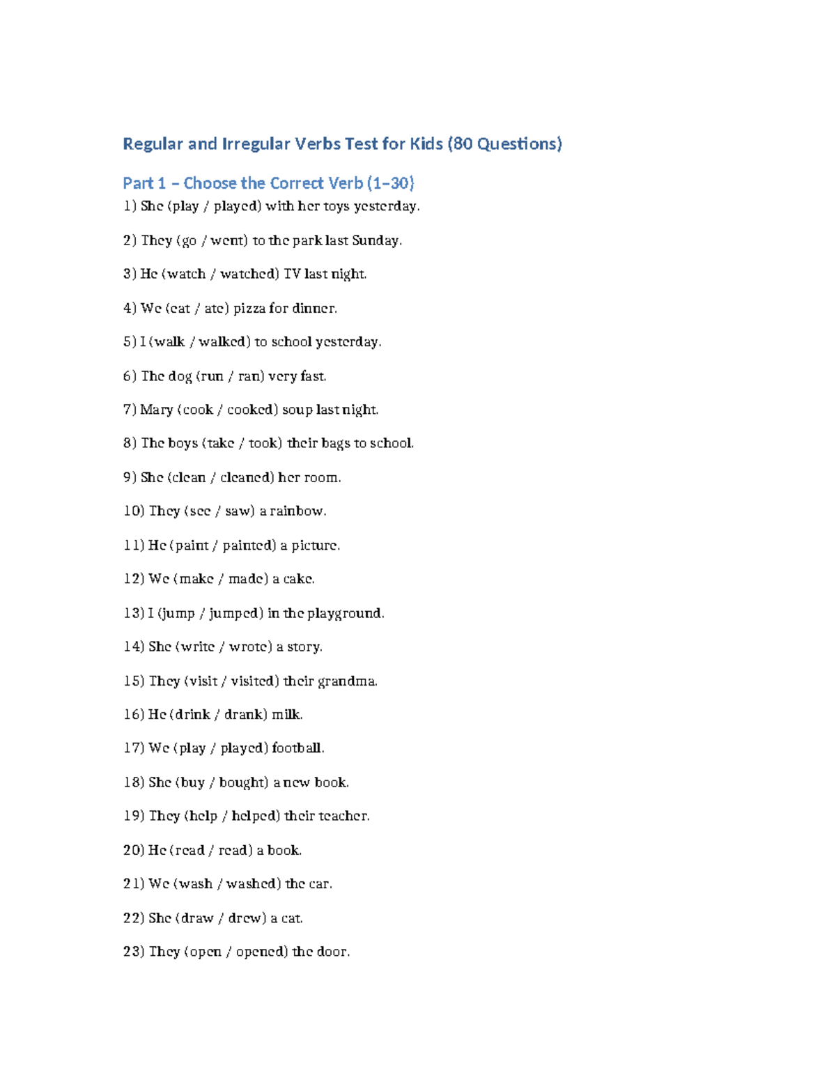 Regular and Irregular Verbs Test for Kids (80 Questions) - Studocu
