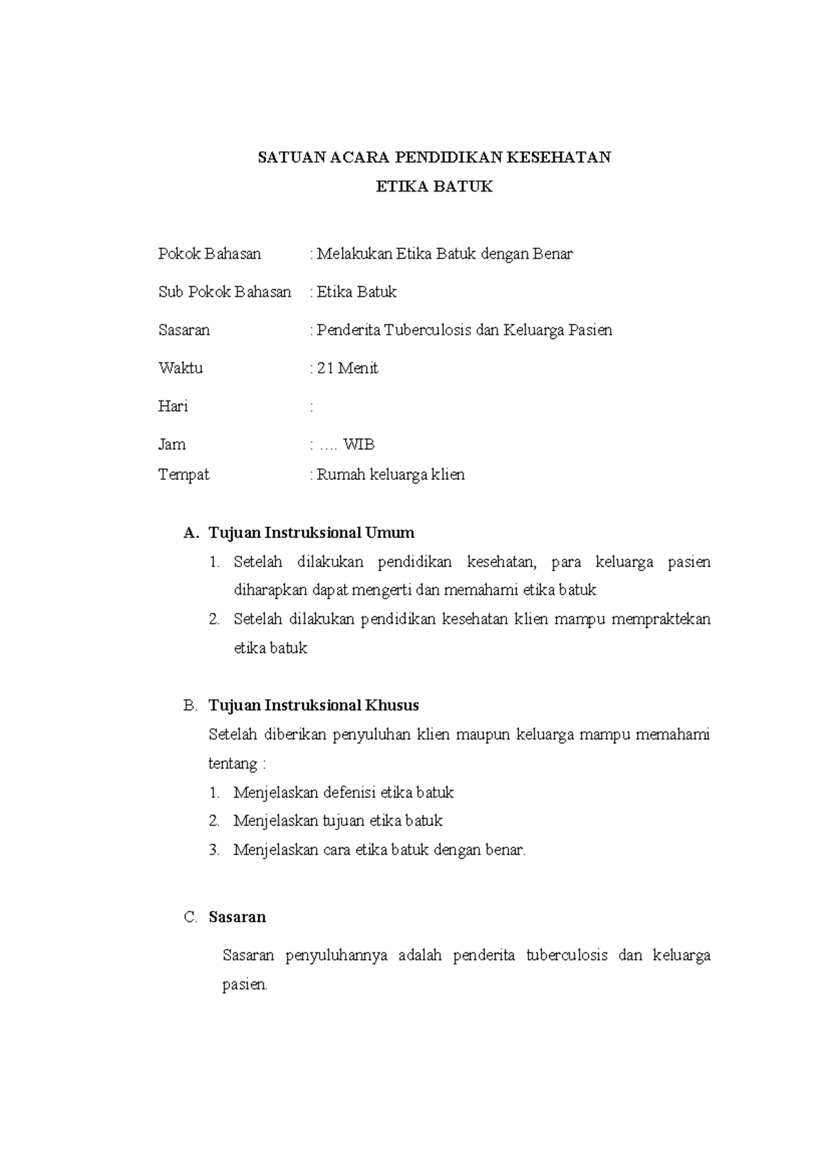 SAP Etika Batuk untuk Penderita TB dan Keluarga Pasien - Studocu