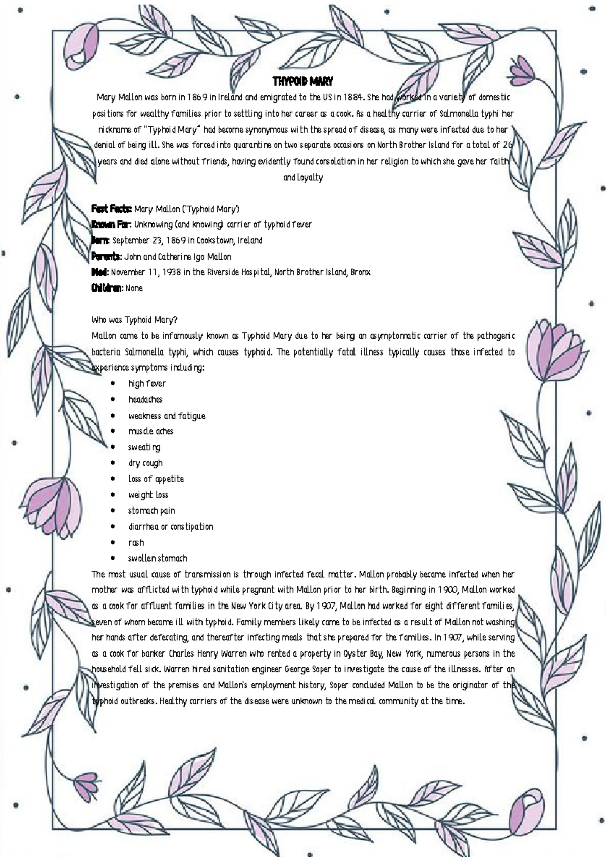 Thypoid-MARY - About the history of Typhoid fever - THYPOID MARY Mary ...