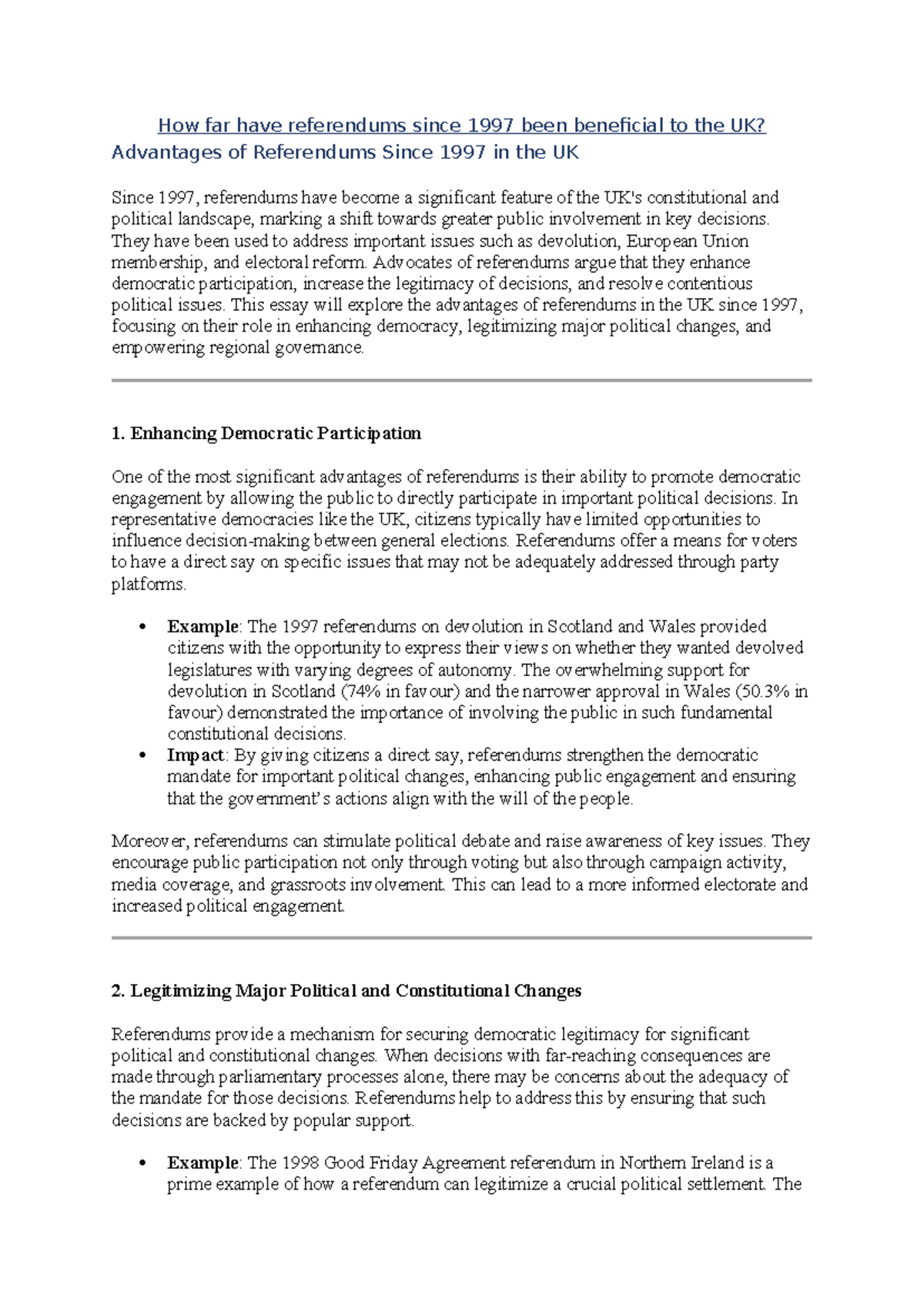 Advantages of UK Referendums Since 1997: A Democratic Perspective - Studocu