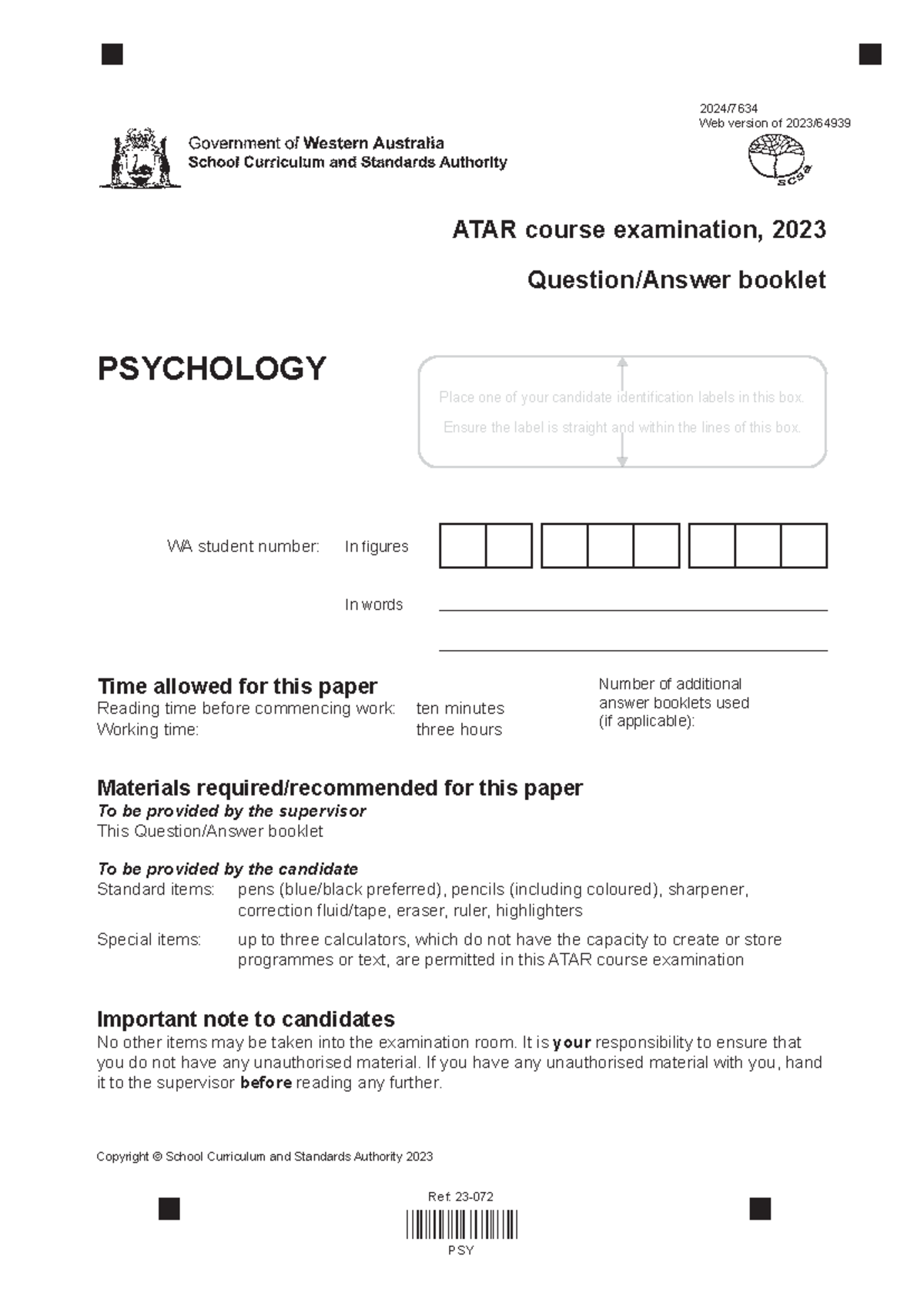 2023 PSY ATAR Examination Question/Answer Booklet - Studocu