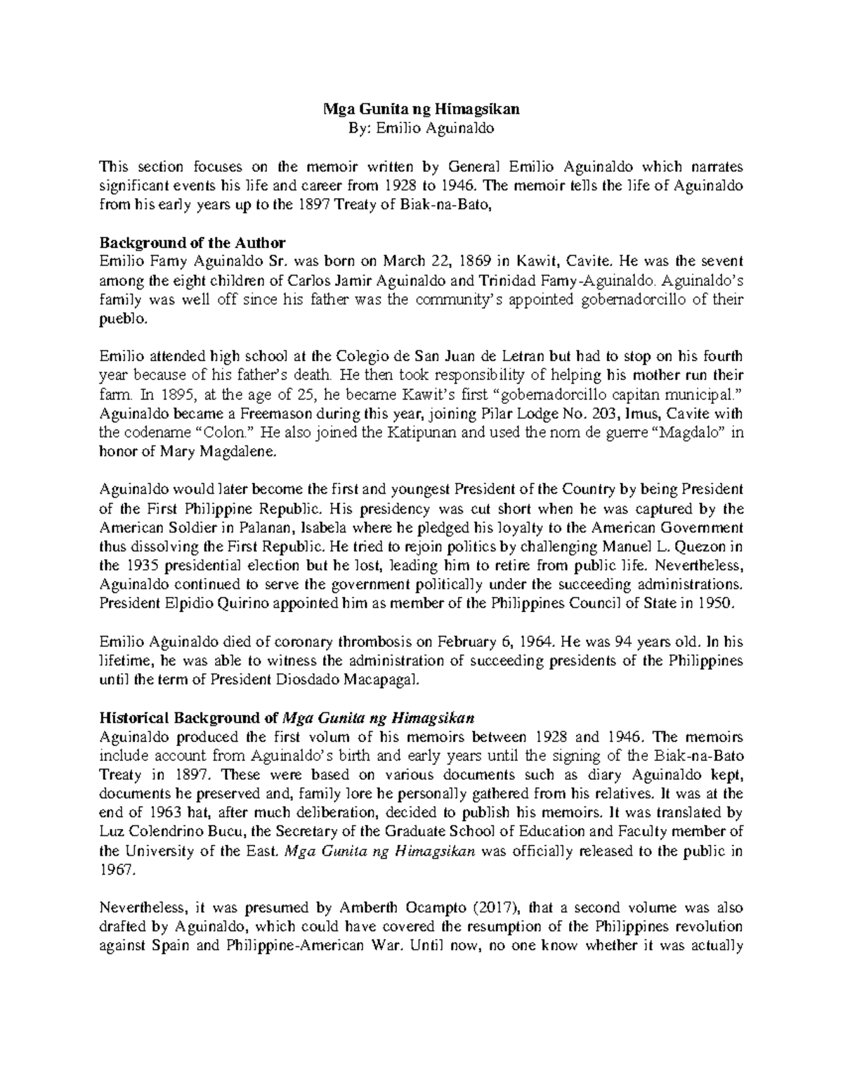Mga Gunita ng Himagsikan: Memoir ni Emilio Aguinaldo (1928-1946) - Studocu