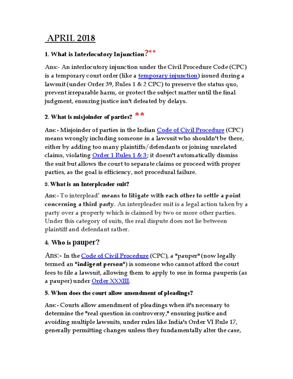 CPC One-Liner Notes: Key Concepts and Definitions - Studocu