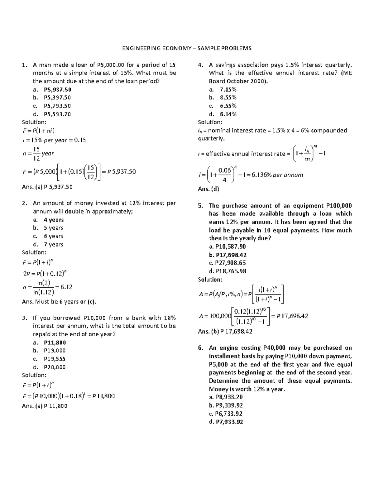 Engineering Economy Practice Problems 1: Sample Questions & Solutions ...