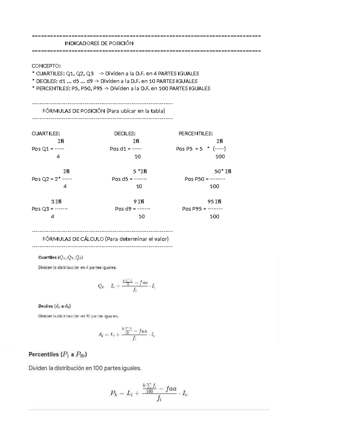 Formulas de Posición y Cálculo: Indicadores de D.F. - Studocu