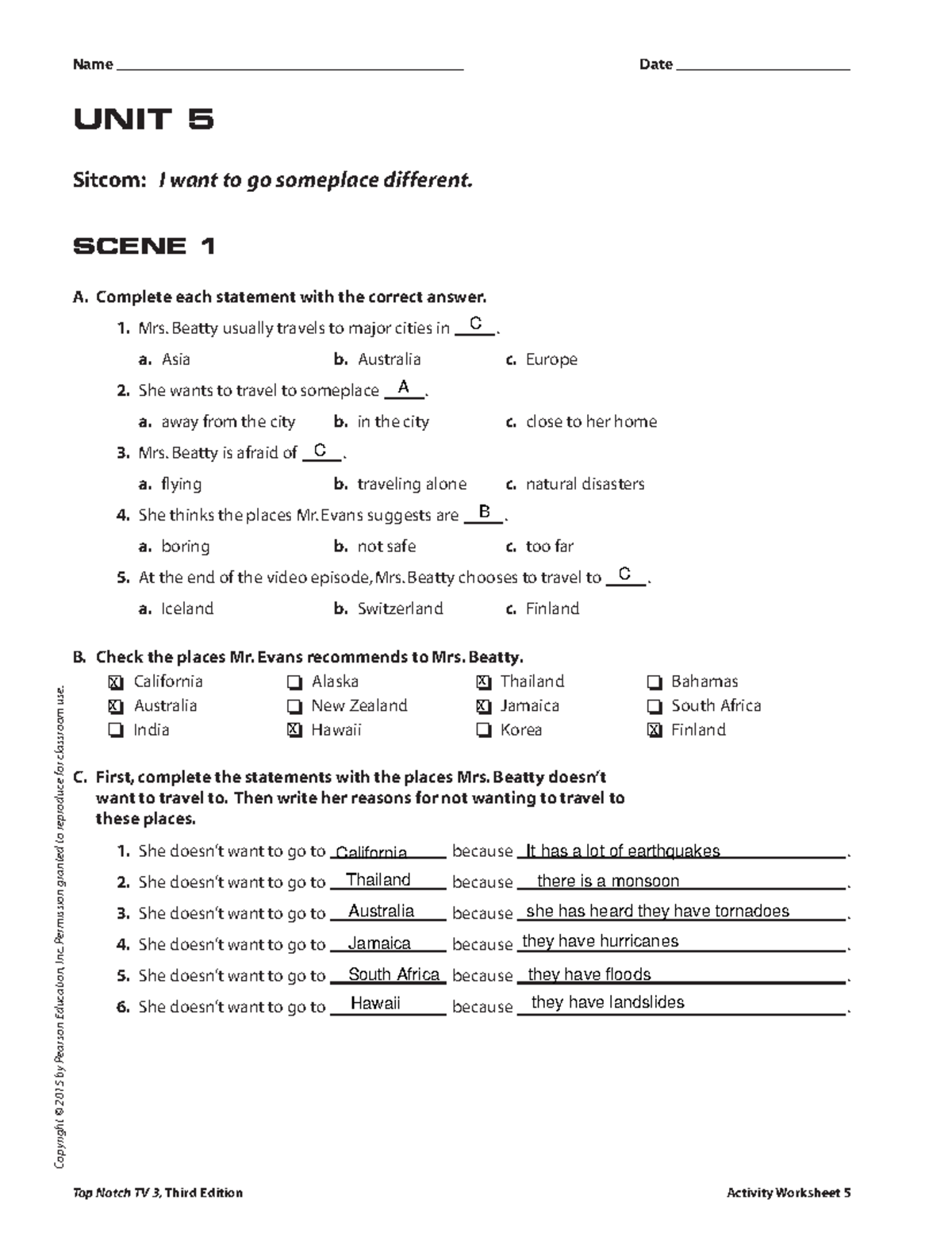 UNIT 05 TV Activity Worksheets - UNIT 5 Sitcom: I want to go someplace ...