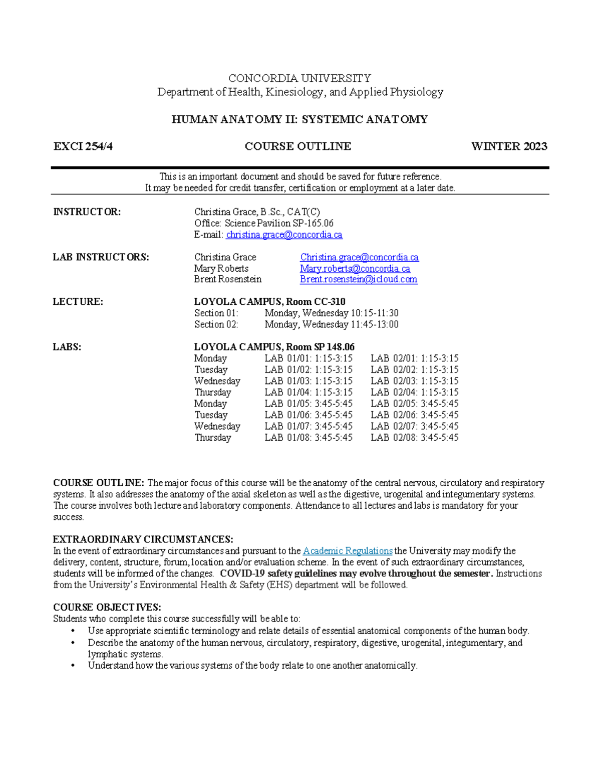 EXCI 254 - Human Anatomy II: Systemic Anatomy Course Outline Winter ...