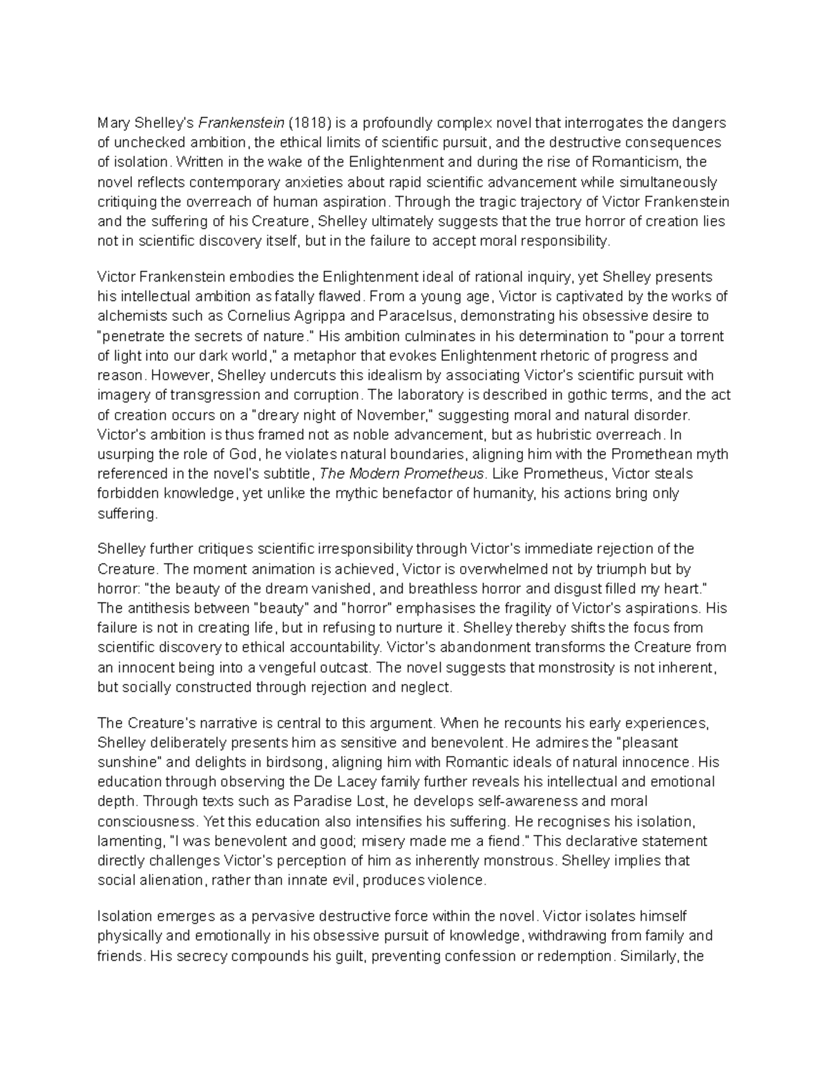 Frankenstein (ENG 101) Extended Essay: Ambition, Ethics, and Isolation ...