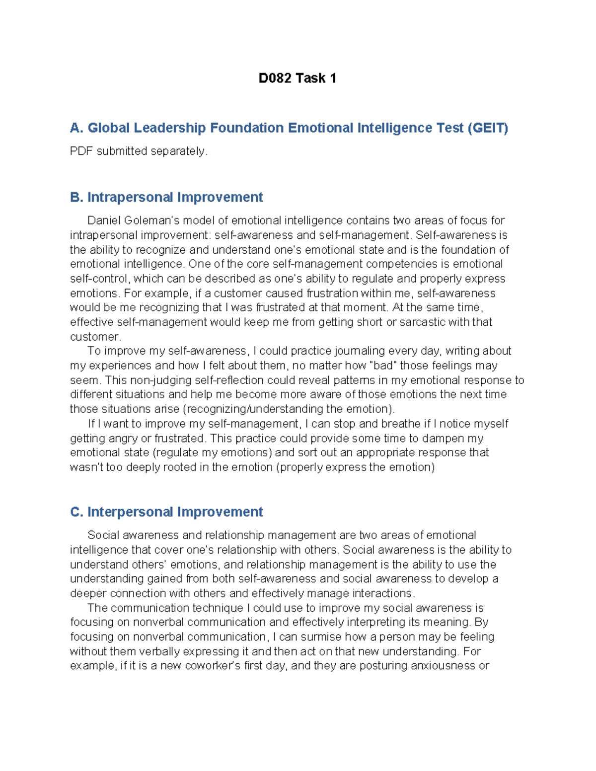 D082 Task 1 - Task 1 - Passed - D082 Task 1 A. Global Leadership ...