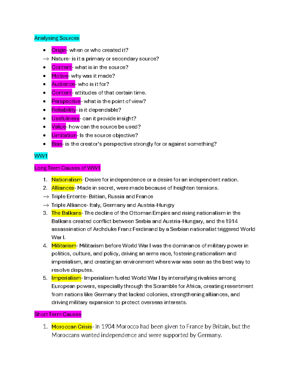 Modern History Year 11: Analyzing Sources & Causes of WW1 - Studocu