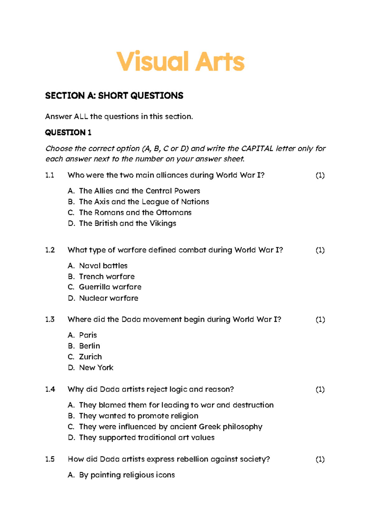 Visual Arts 11 NOV Paper: Short Questions & Art Movements - Studocu