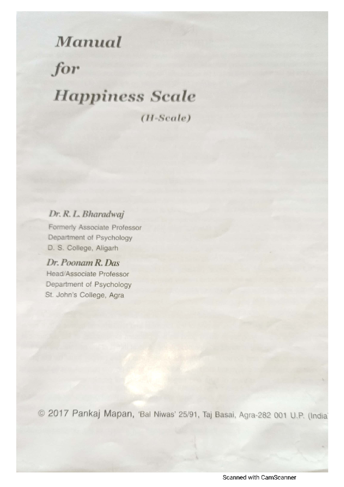 Manual for Happiness Scale: Development and Measurement Insights - Studocu