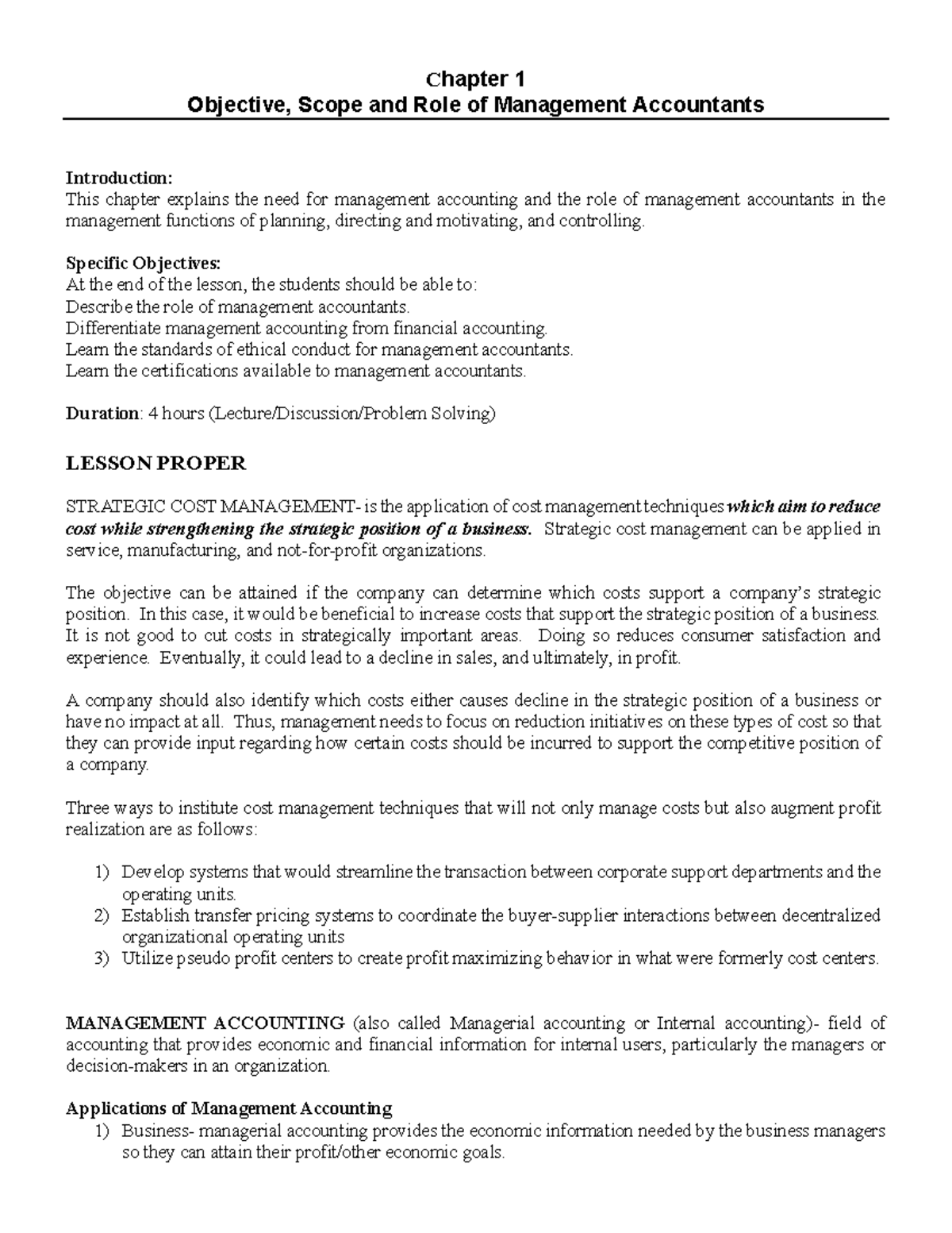 Management Accounting Overview: Objectives & Roles (ACCT 101) - Studocu