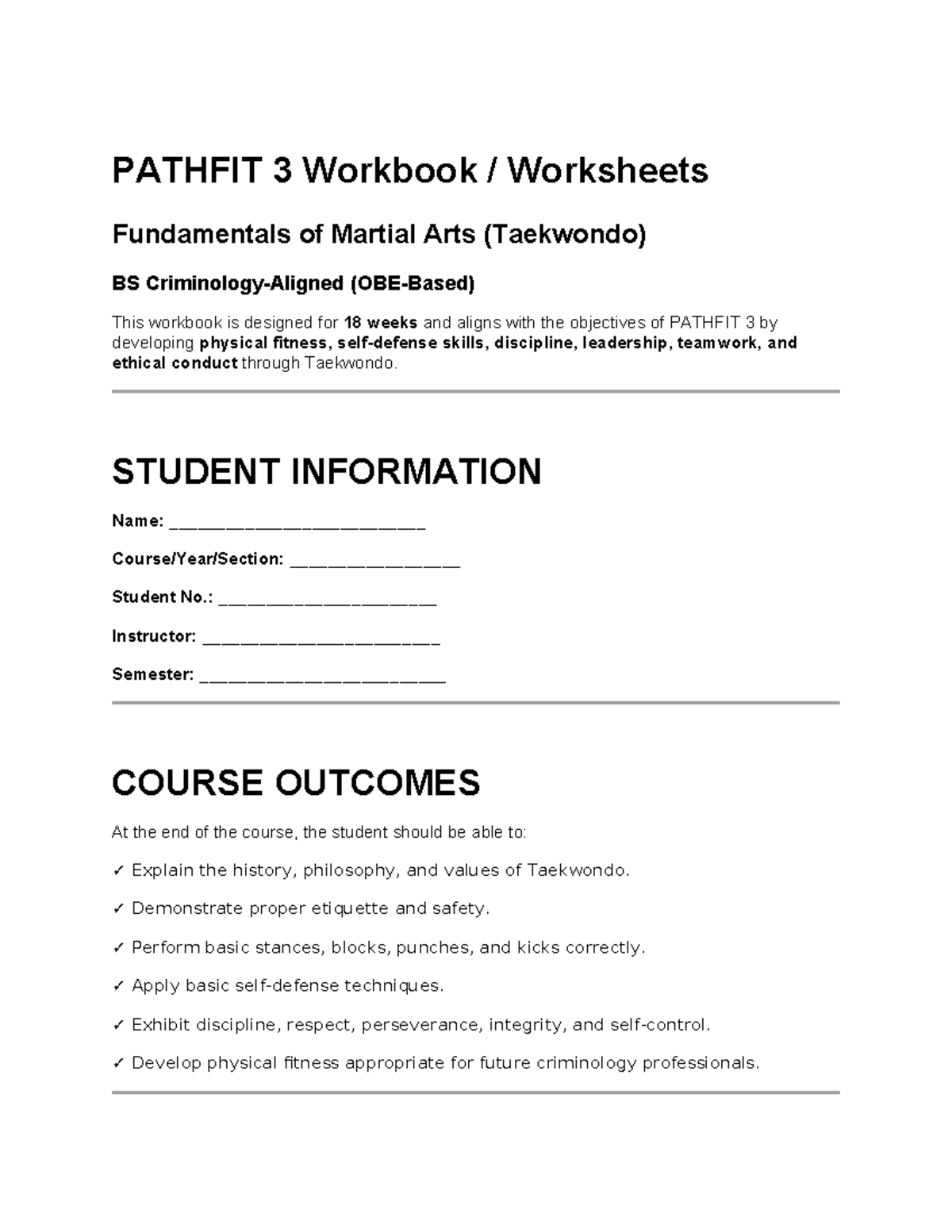PATHFIT 3 Workbook: Taekwondo Worksheets for BS Criminology - Studocu