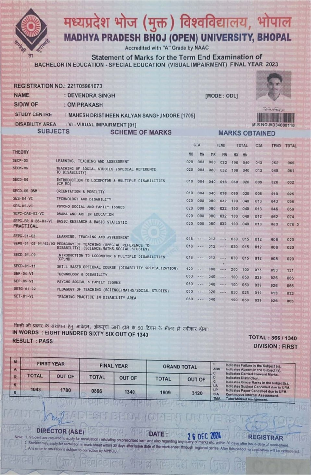 B.Ed Final Year Marks Statement - Special Education (Visual Impairment ...
