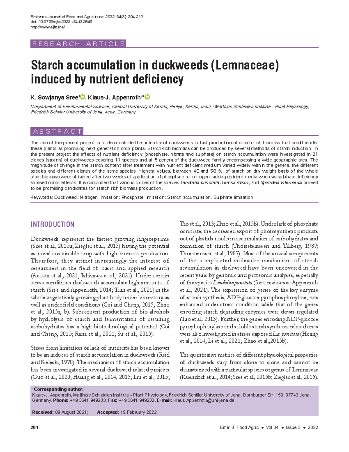 Starch Accumulation in Duckweeds Under Nutrient Deficiency (ENV 2022 ...