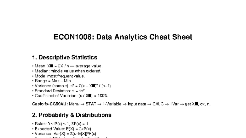 ECON1008: Data Analytics Cheat Sheet - Key Concepts & Formulas - Studocu