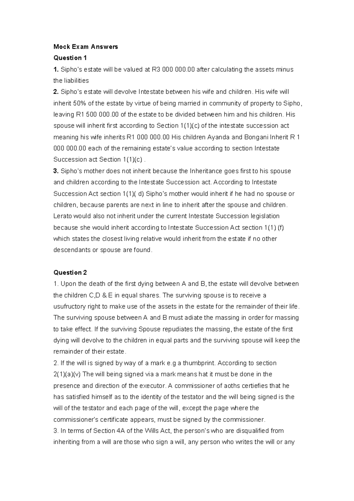 Mock Exam Answers: Intestate Succession & Estate Distribution - Studocu