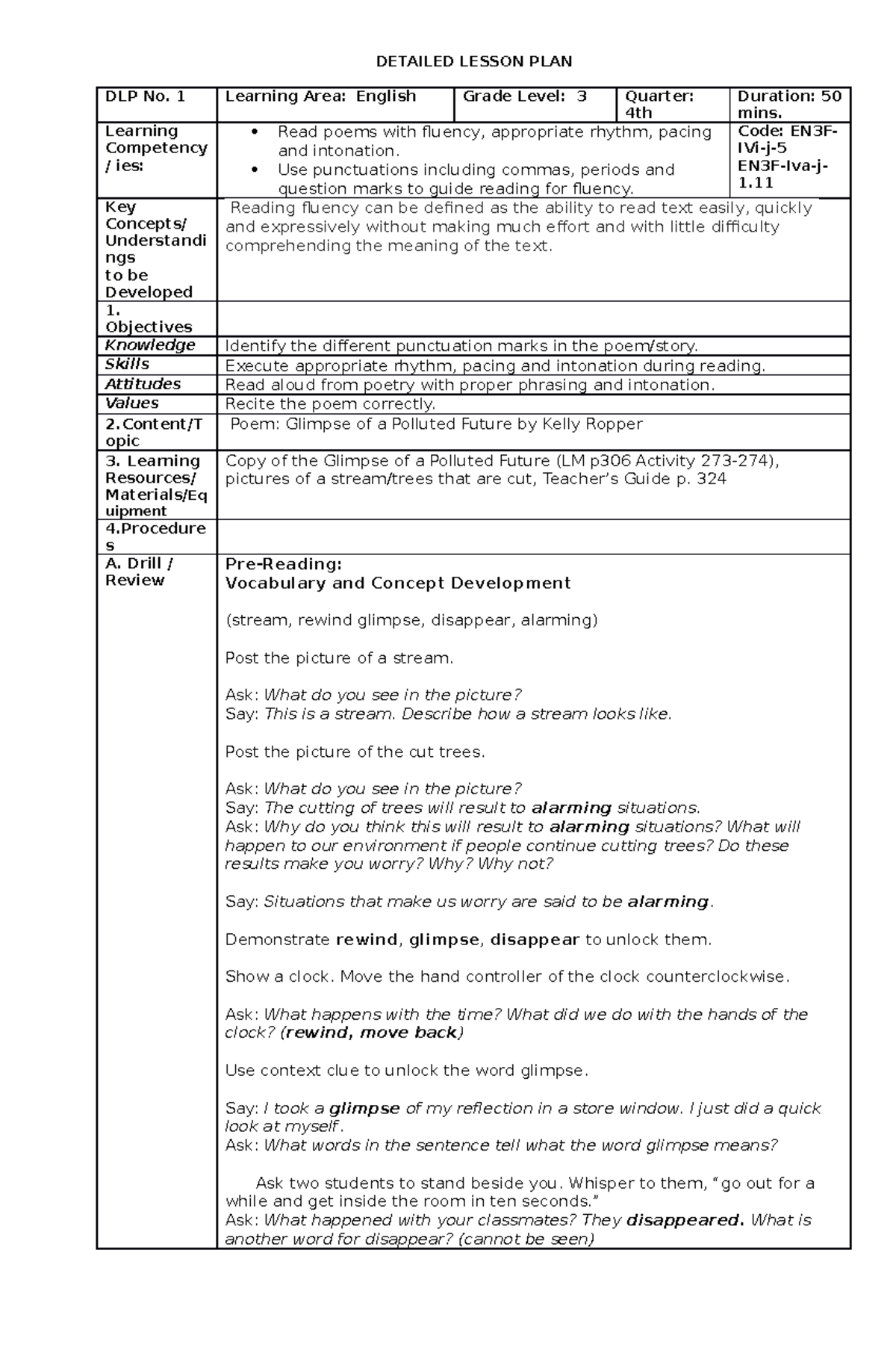 DLP 1 - lesson plan - DETAILED LESSON PLAN DLP No. 1 Learning Area: English Grade Level: 3 ...