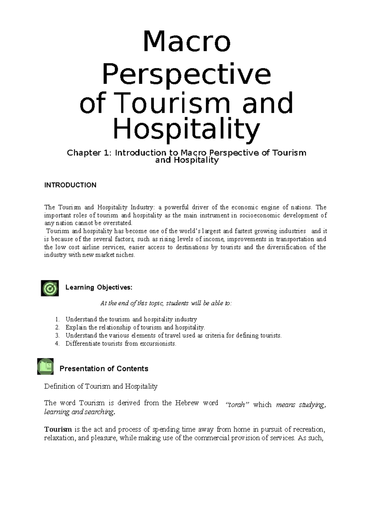 Chapter 1: Intro to Macro Perspective in Tourism & Hospitality - Studocu