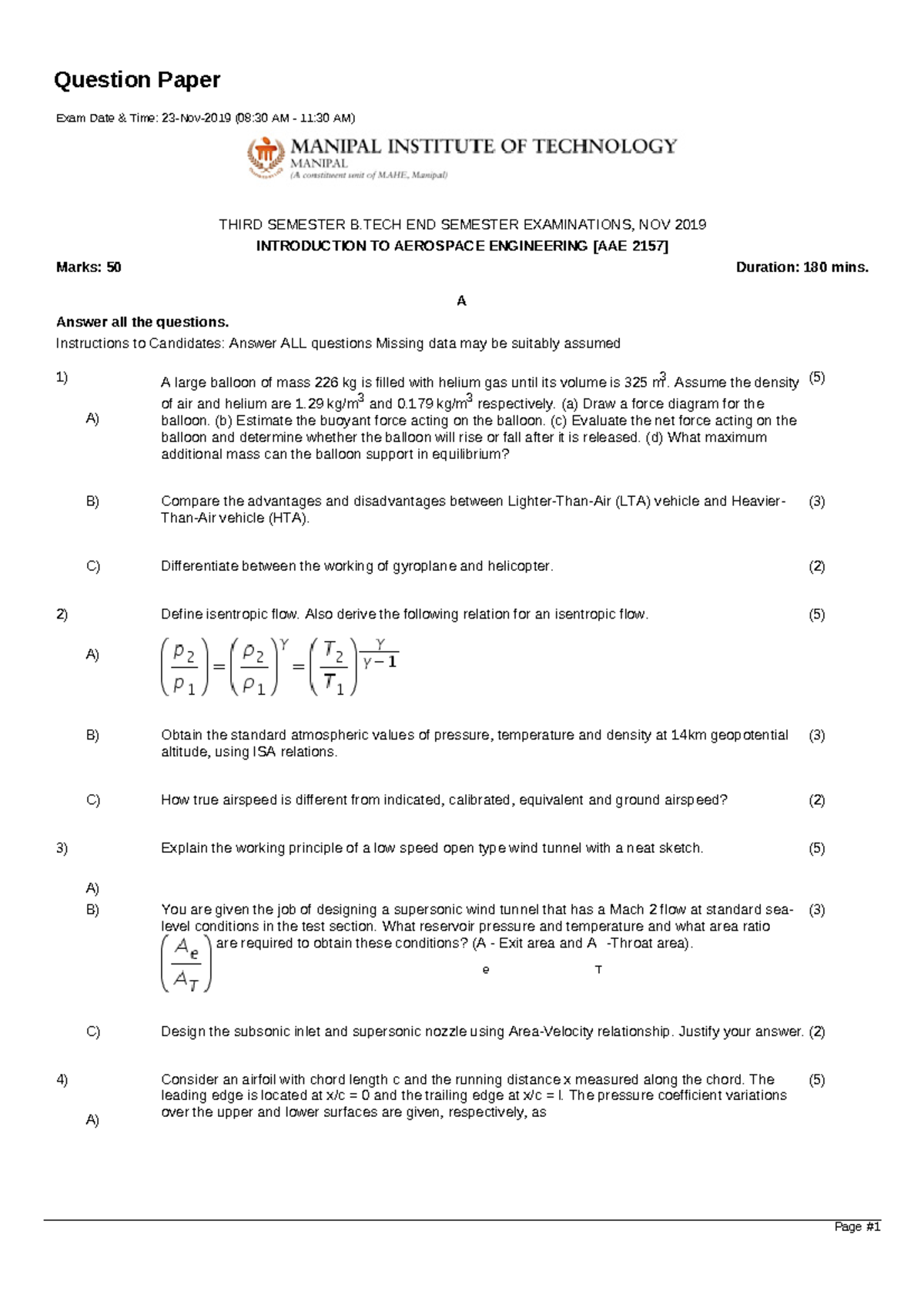 IAE-2020 - Practice Questions for AAE 2157 Introduction to Aerospace ...