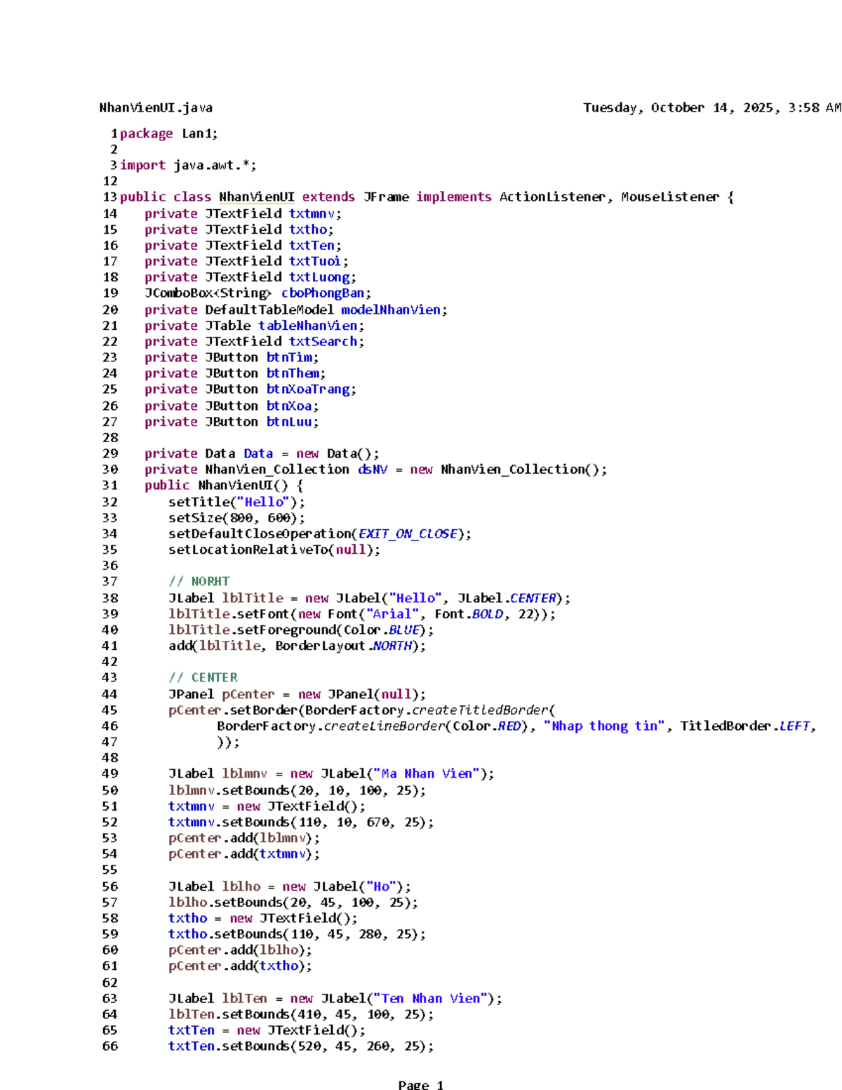 NhanVienUI.java - Java Swing Employee Management Interface - Studocu