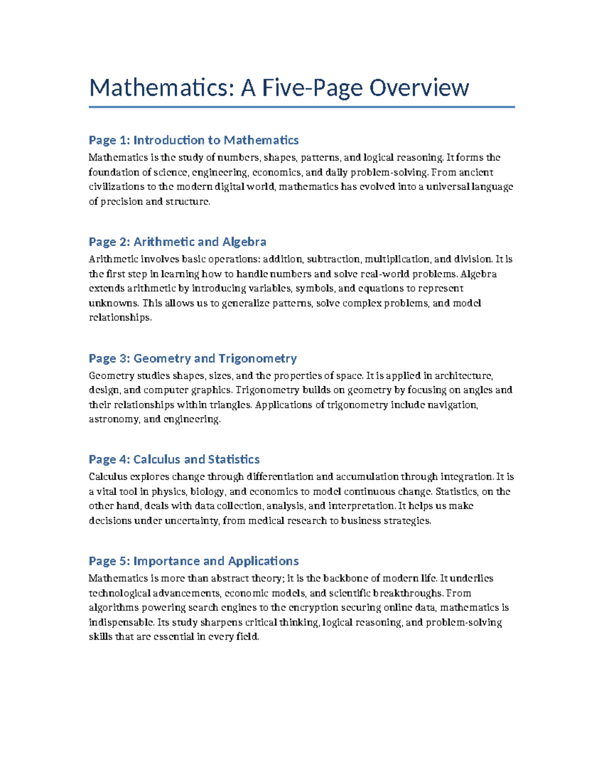 Mathematics Overview: Key Concepts and Applications - Studocu