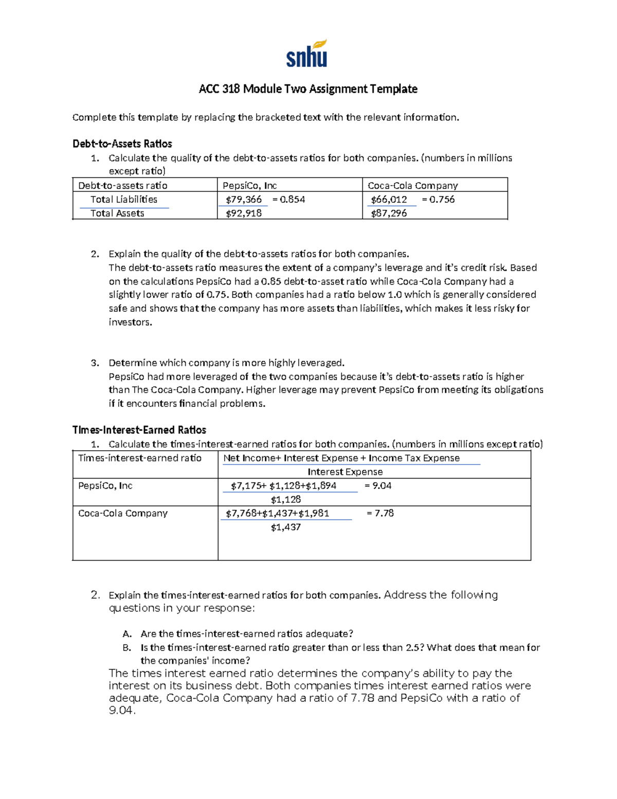 ACC 318 Module Two Assignment - Debt-to-Assets Ratios 1. Calculate the ...