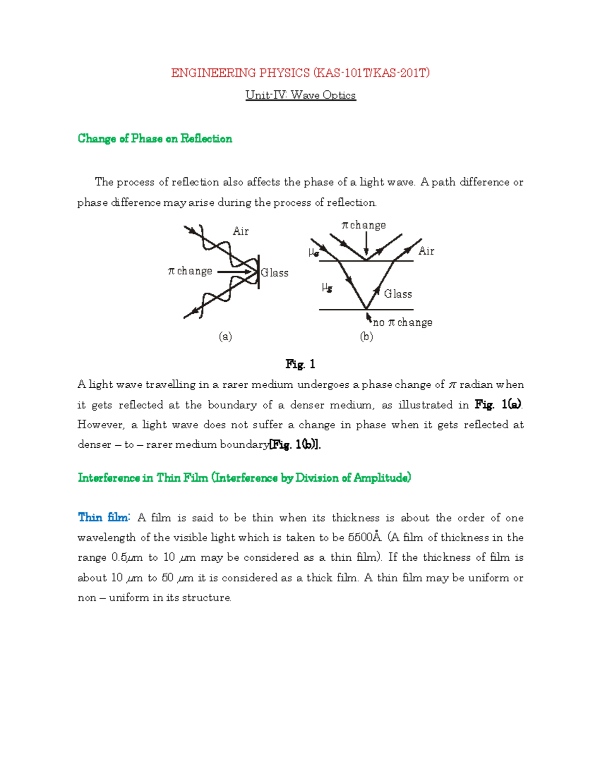 Wave Optics & Interference - KAS-101T/KAS-201T Study Notes - Studocu