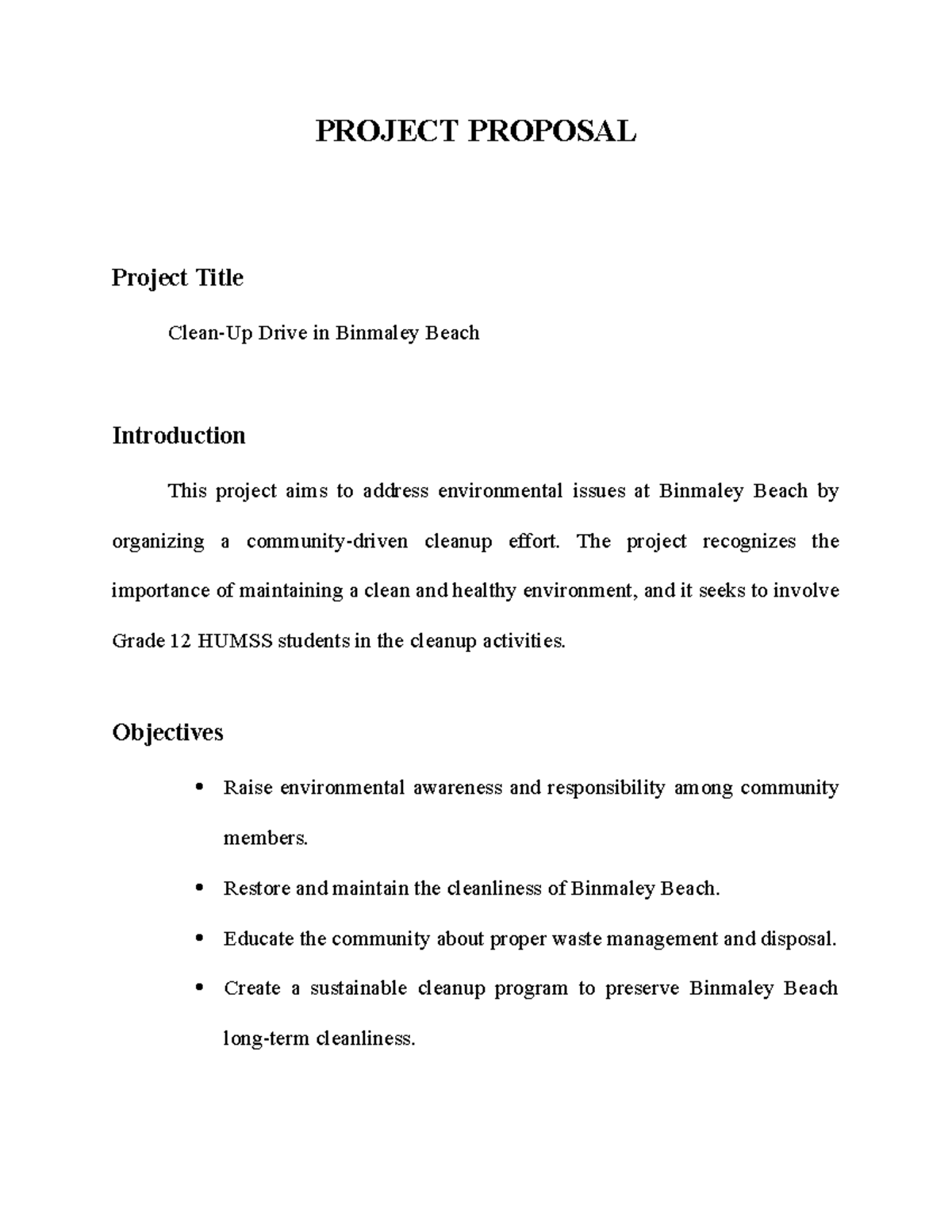 Community engagement - report - PROJECT PROPOSAL Project Title Clean-Up ...