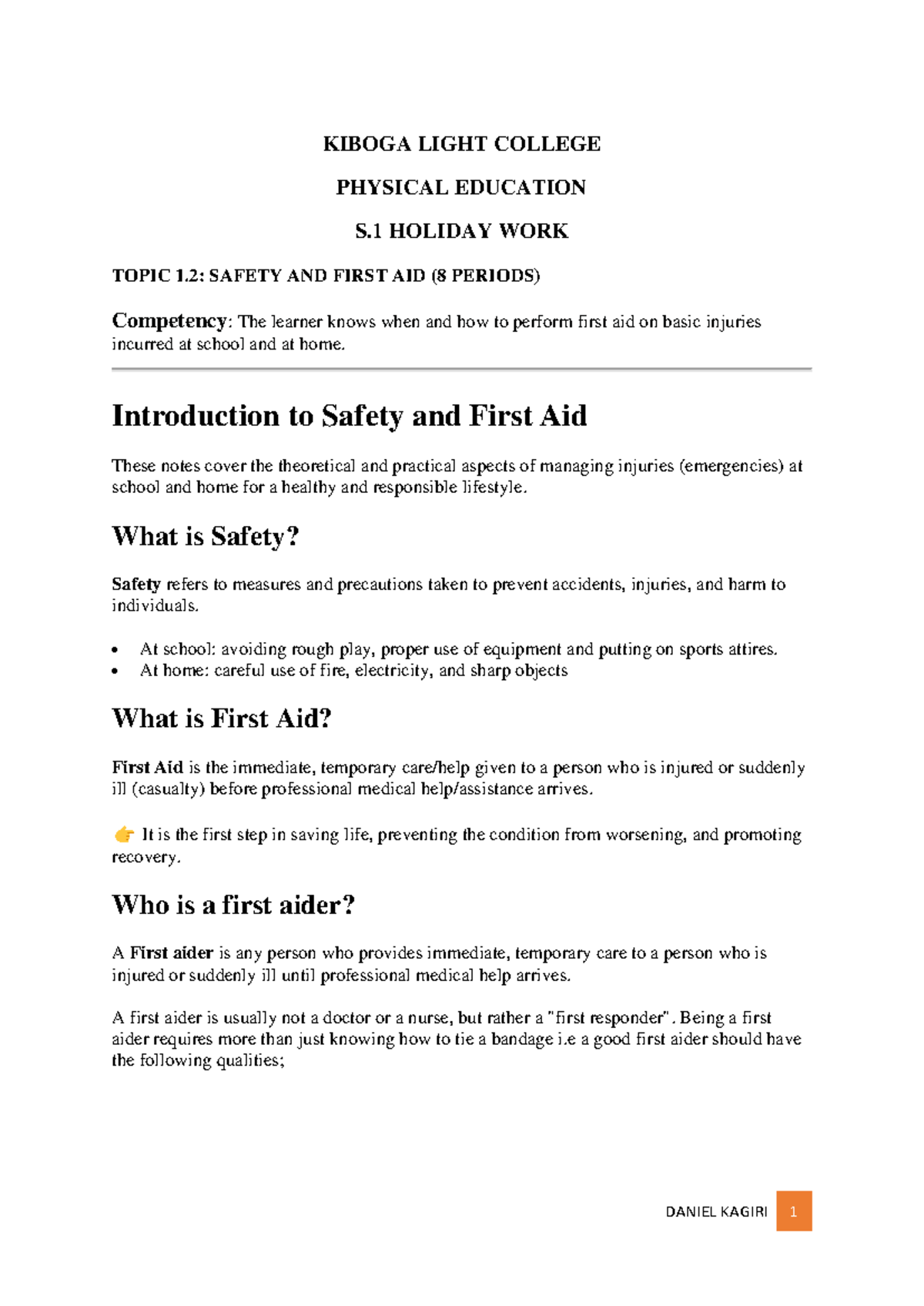 KLC S.1 Physical Education Holiday Work: Safety & First Aid Notes - Studocu