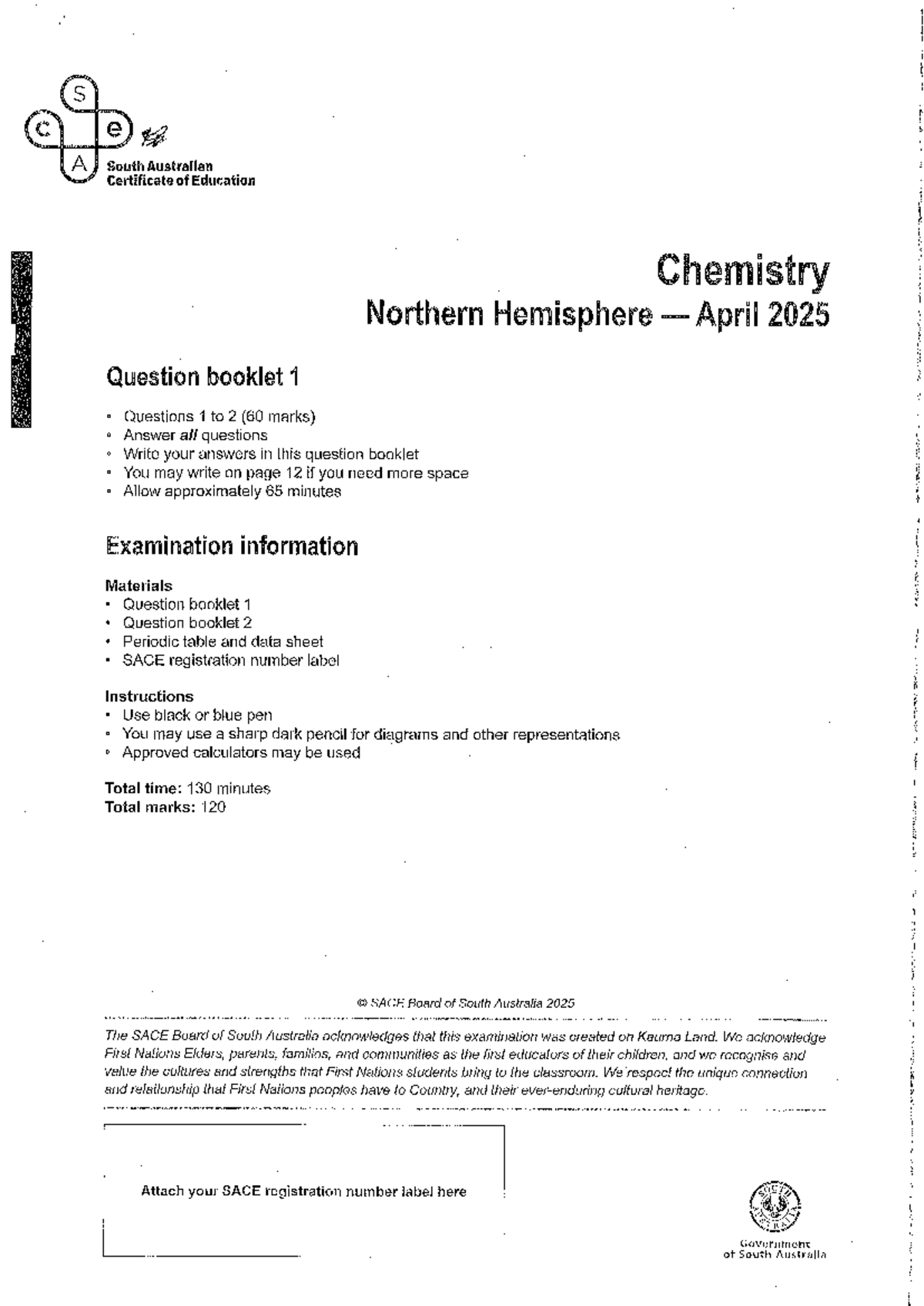2025 SACE NH Chemistry Final Exam Booklet 1: Questions & Answers - Studocu