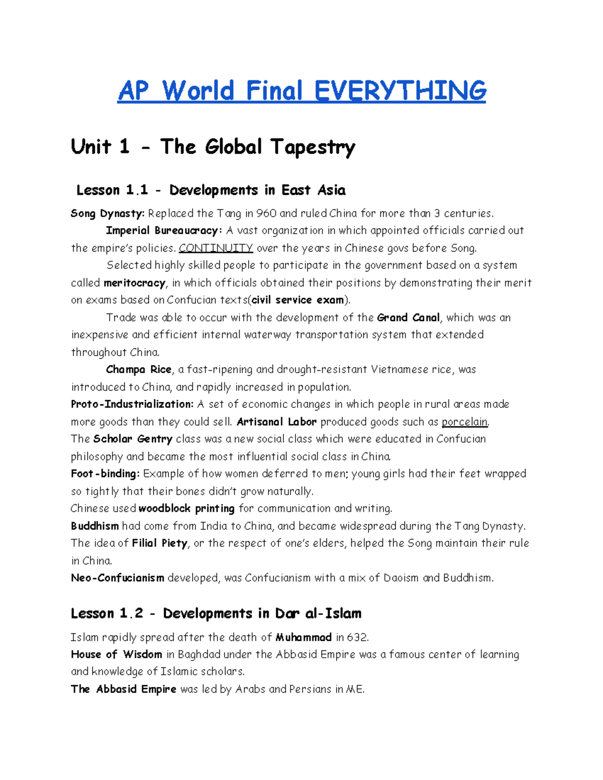 AP World History Final Exam Notes: Unit 1 - The Global Tapestry - Studocu