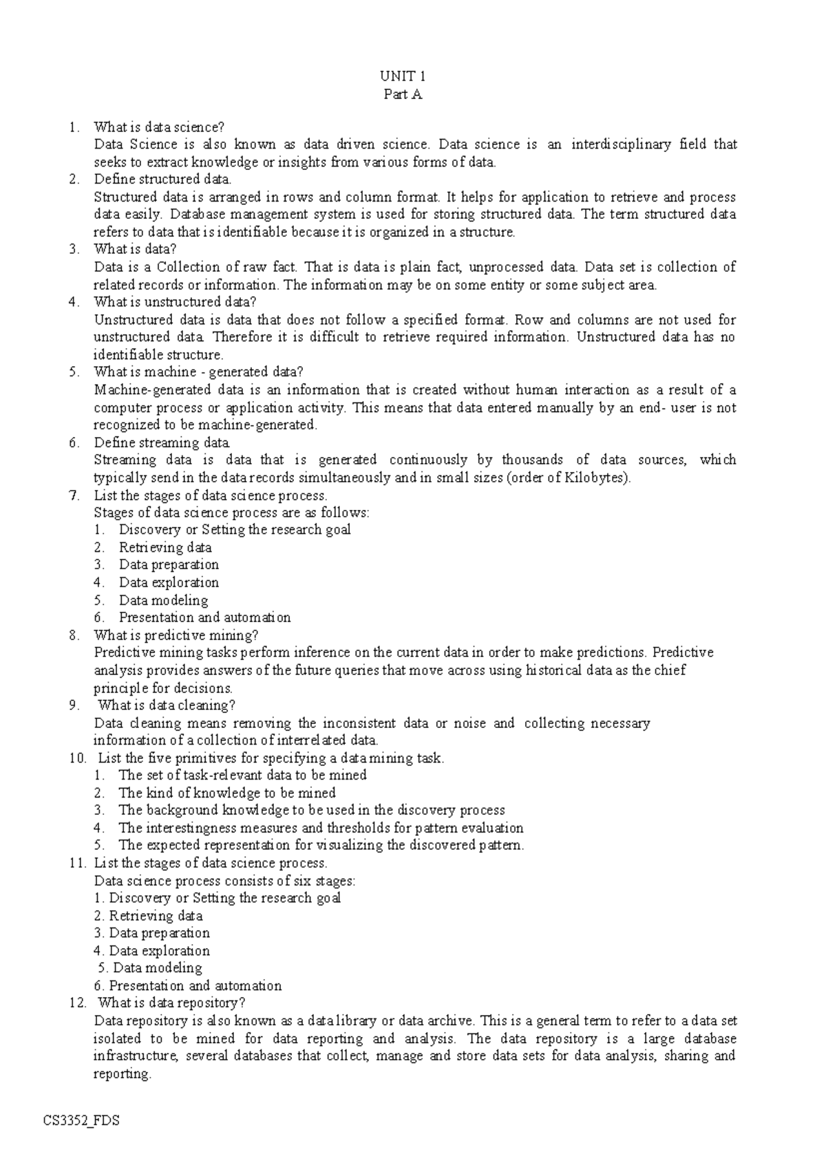 CS3352 FDS Quiz: Understanding Data Science Concepts - Studocu