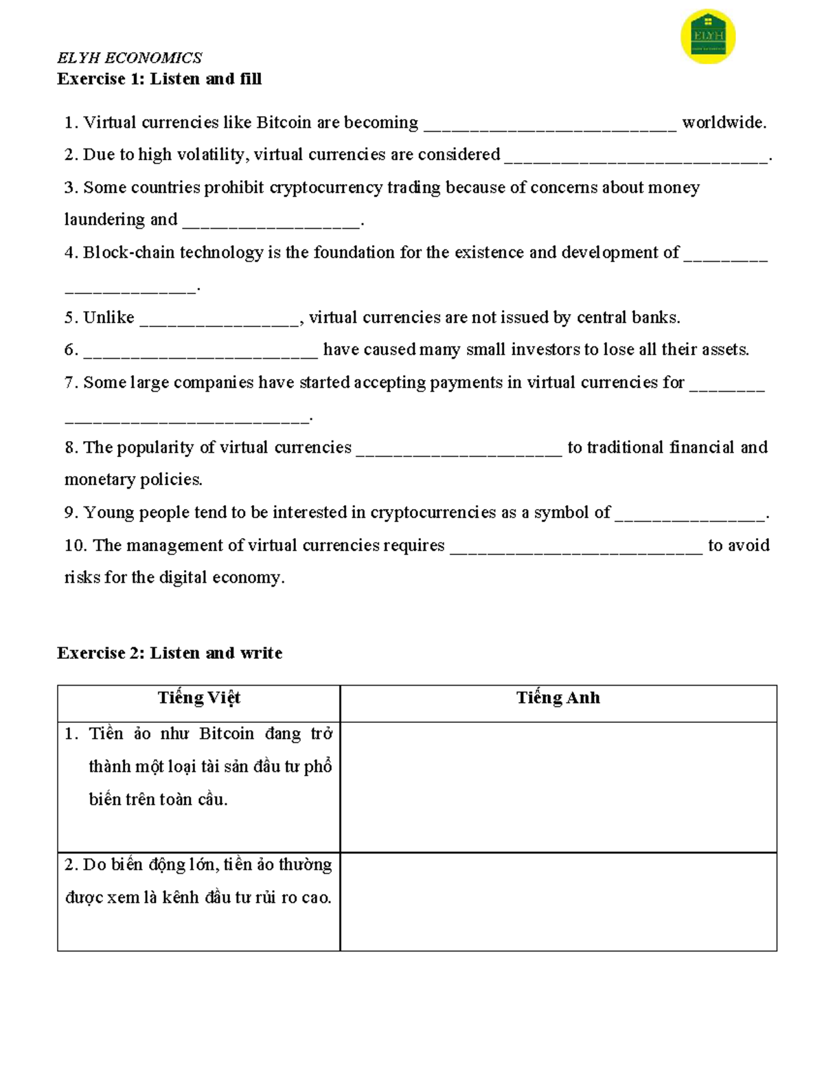 ELYH ECONOMICS Exercise 1: Virtual Currencies Overview and Insights ...
